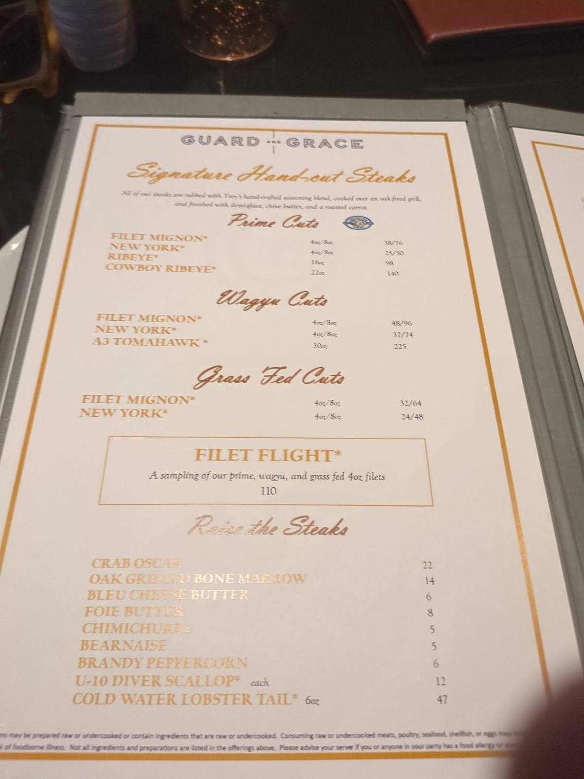 Menu at Guard and Grace steakhouse, Denver
