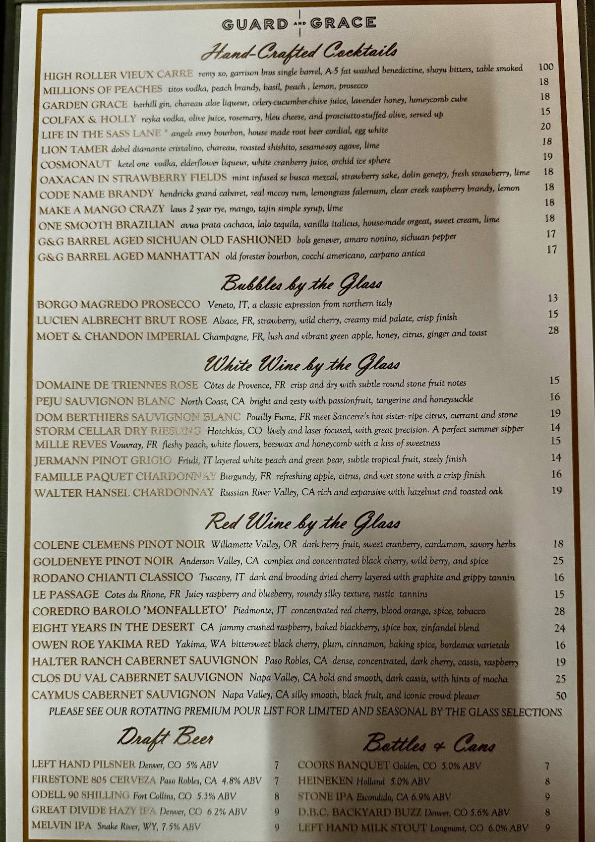 Menu at Guard and Grace steakhouse, Denver