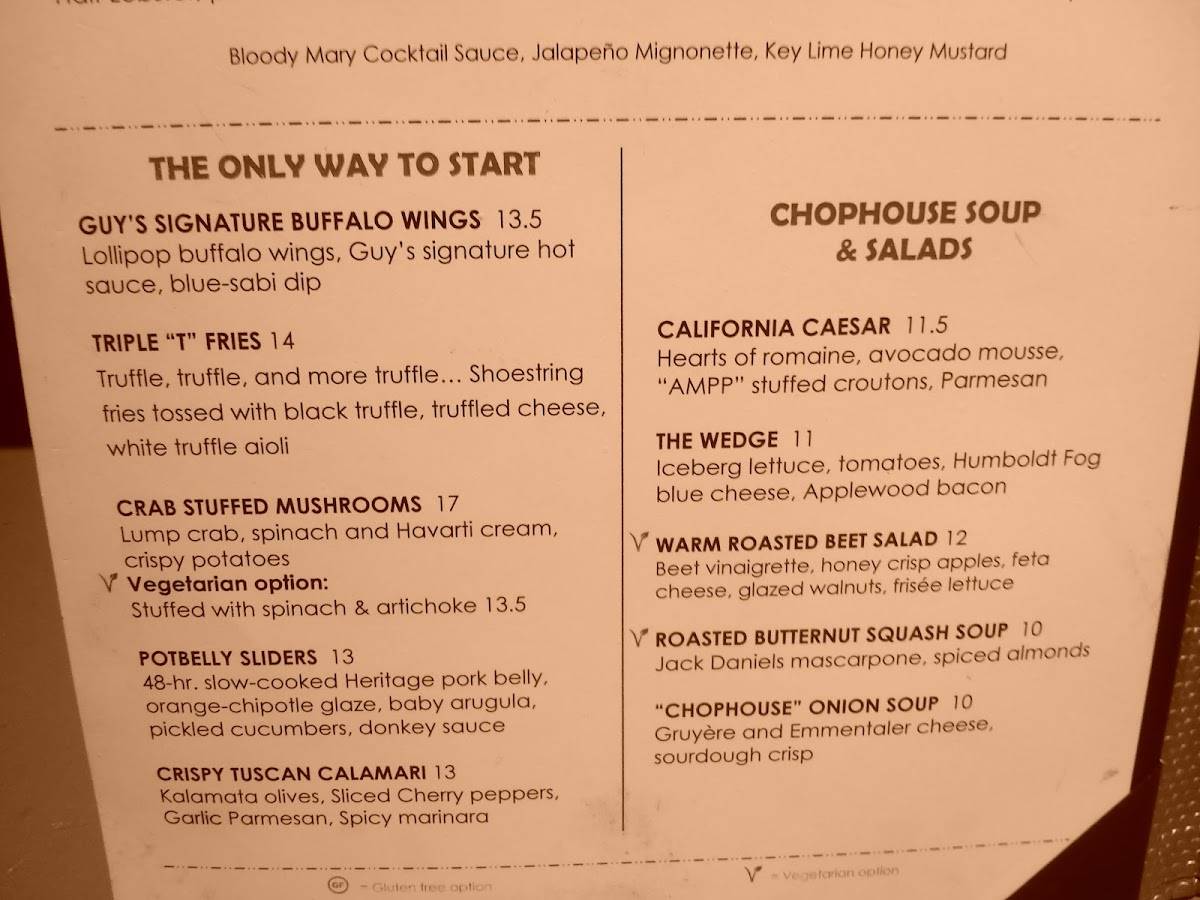 Menu at Guy Fieri's Chophouse steakhouse, Atlantic City, Pacific Ave