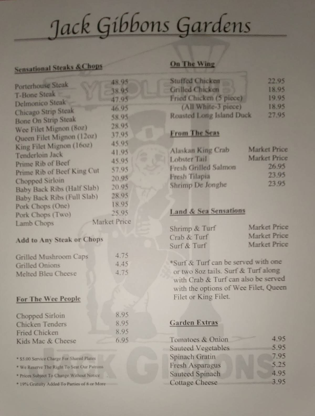 Menu at Jack Gibbons Gardens steakhouse, Oak Forest