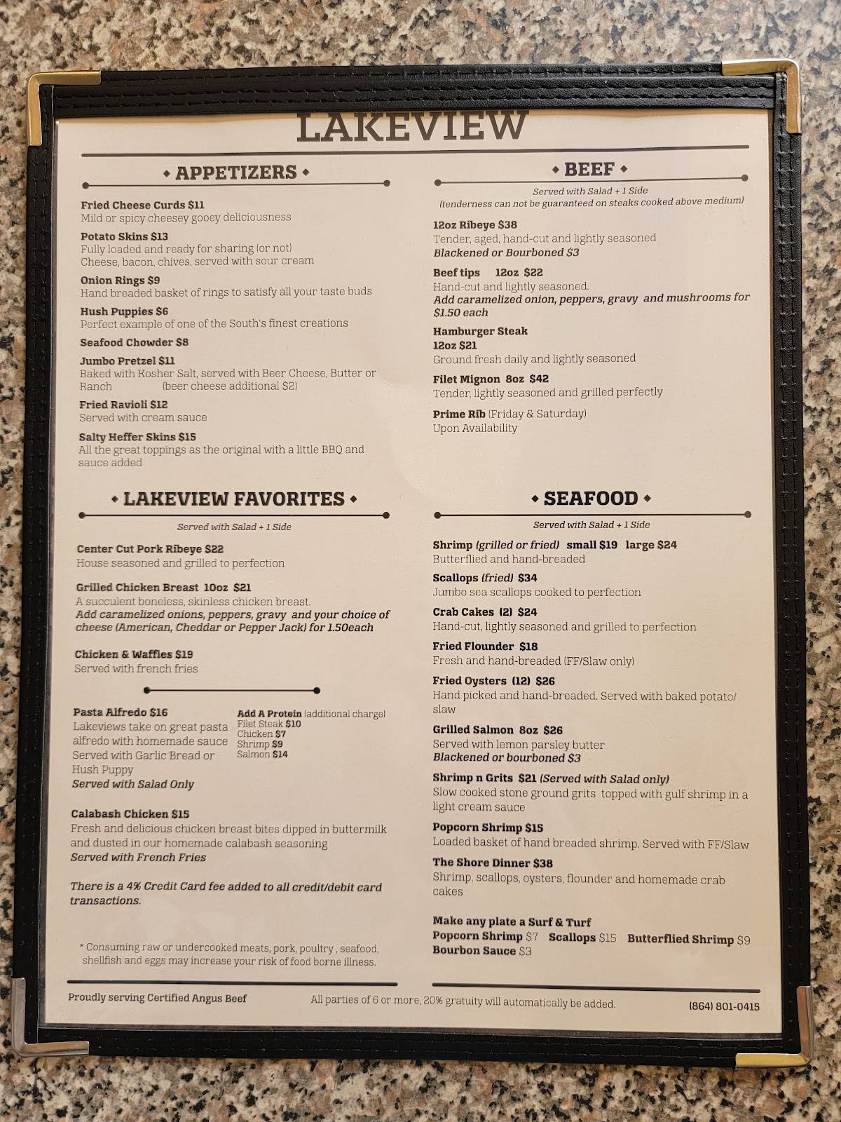 Menu at Lakeview The Dam Restaurant, Greer