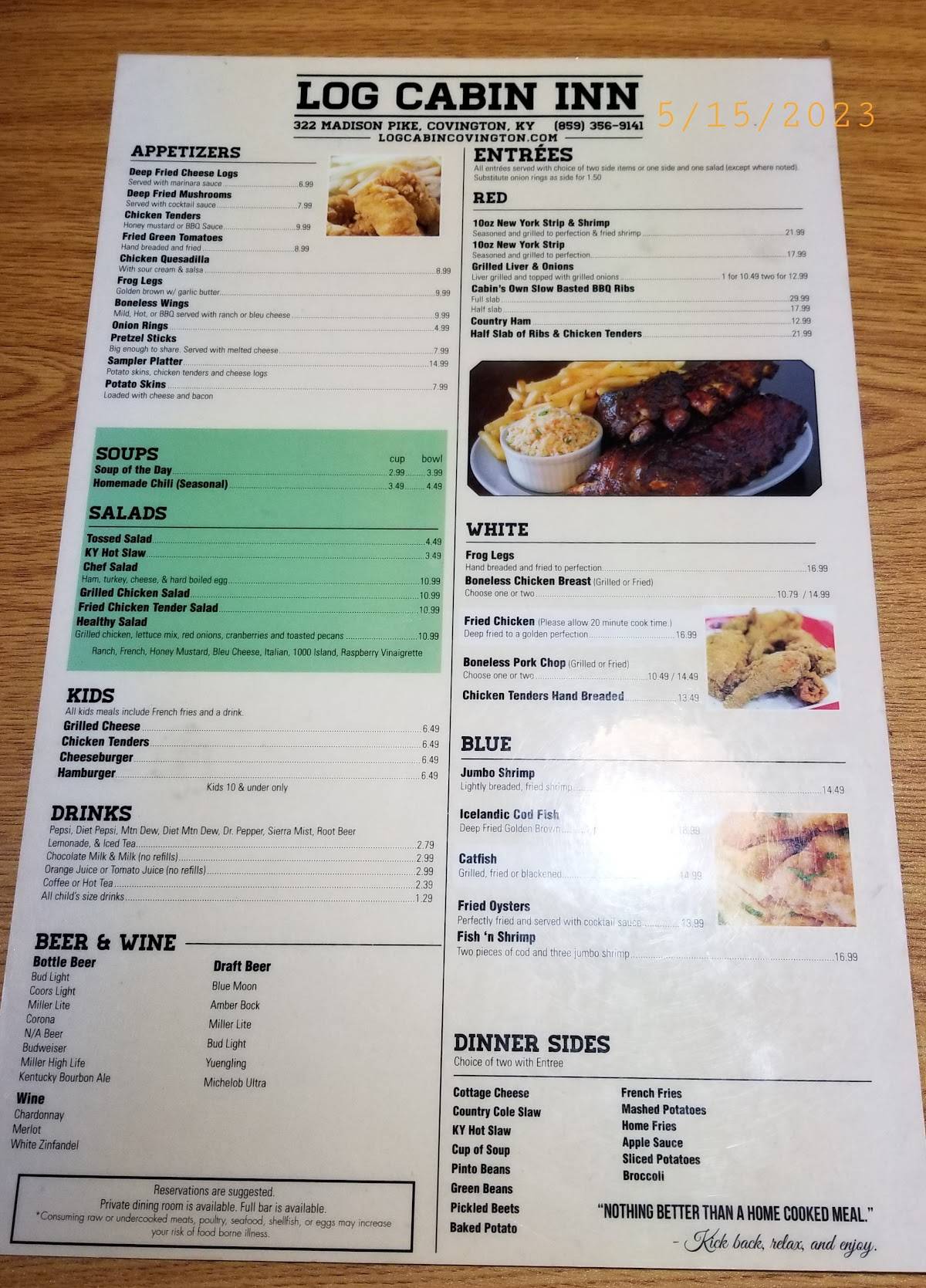 Menu at Log Cabin Inn steakhouse, Covington, 322 Madison Pike