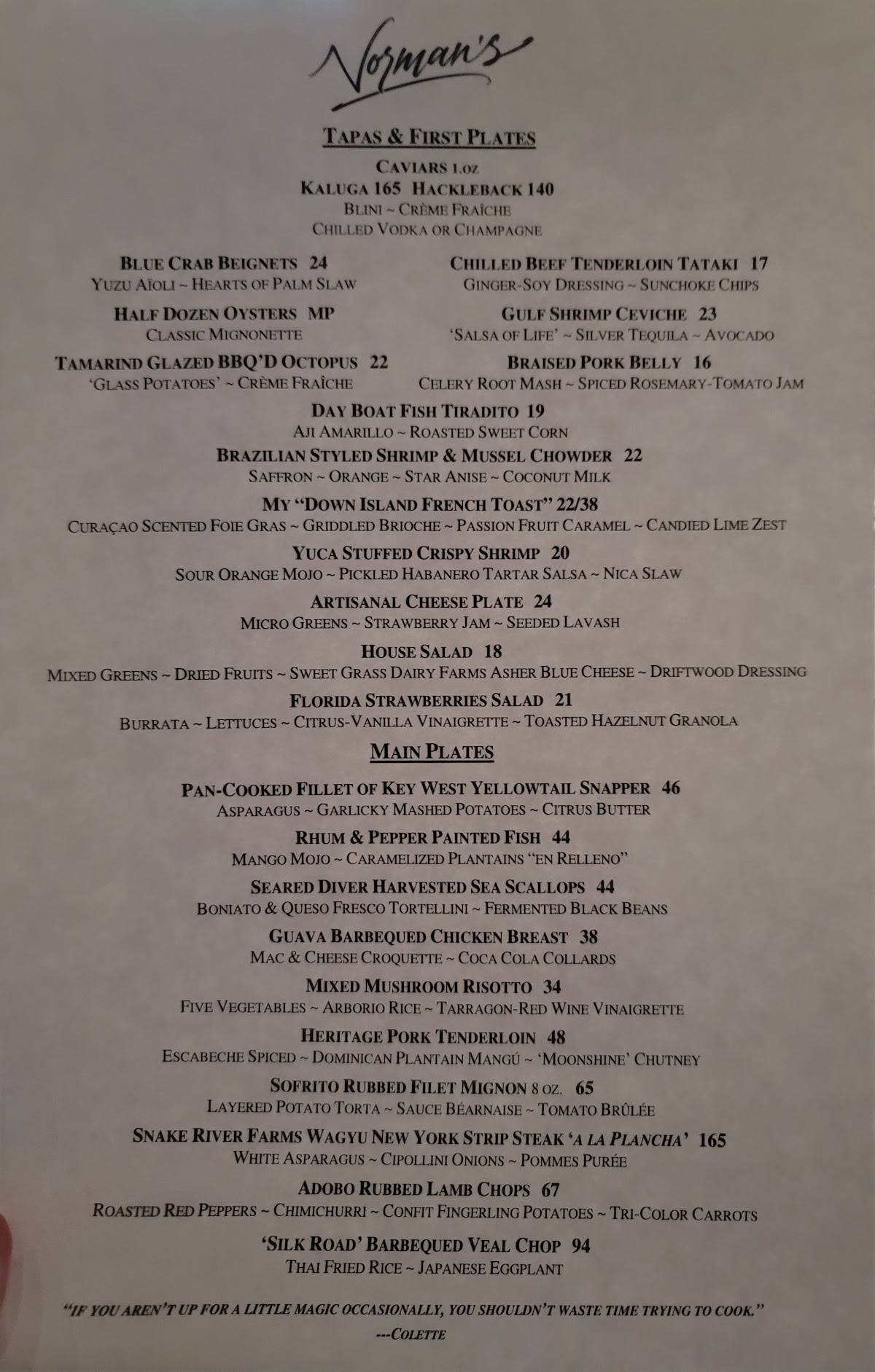 Menu at Norman's Orlando steakhouse, Orlando, Via Dellagio Way