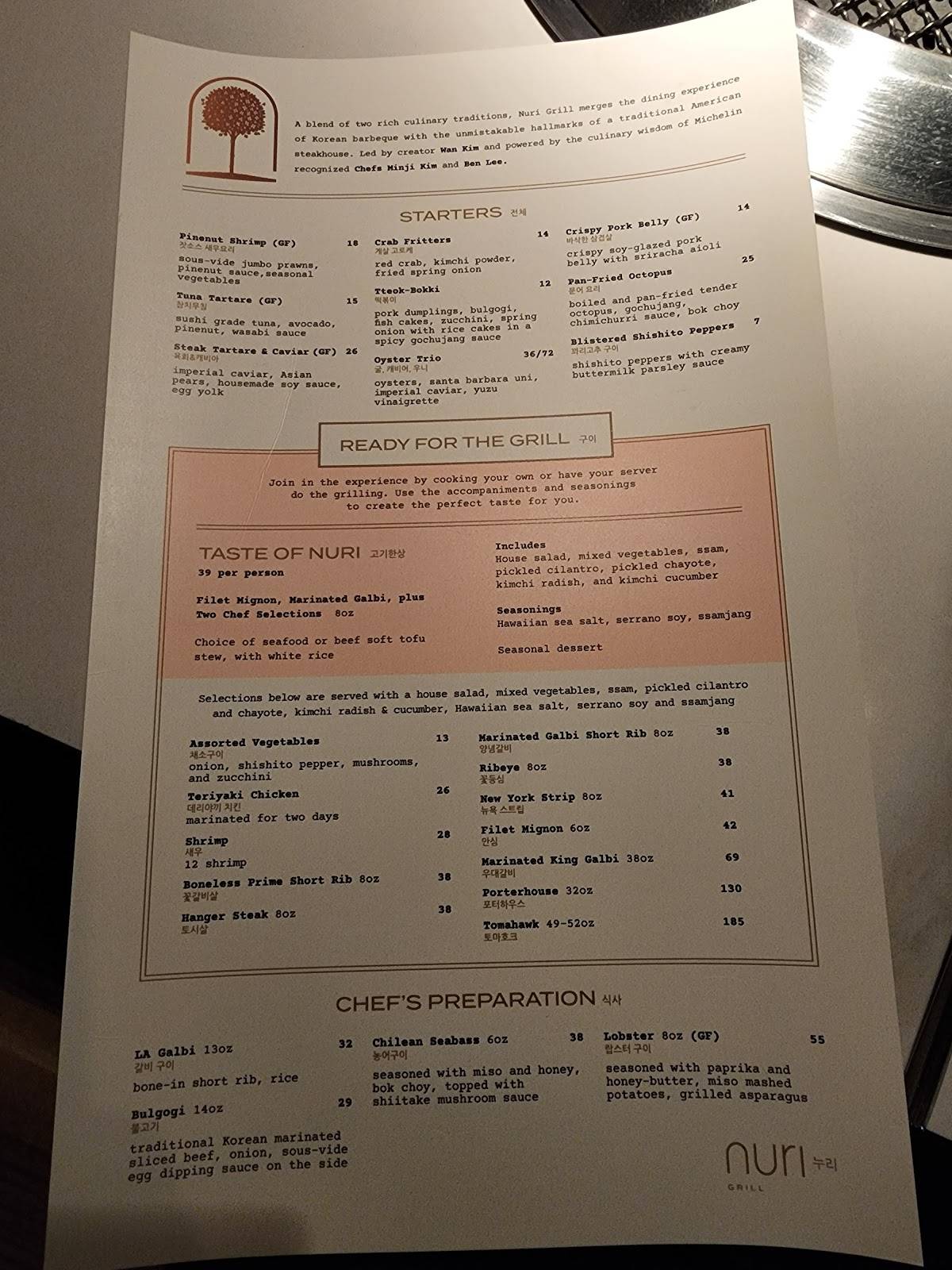 Menu at Nuri Steakhouse, Dallas