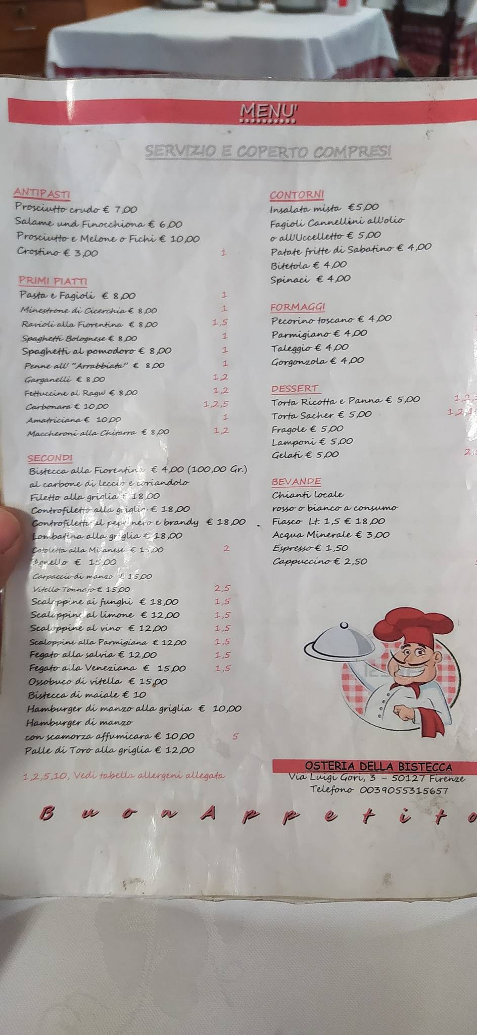 Menu da Osteria della Bistecca steakhouse, Firenze