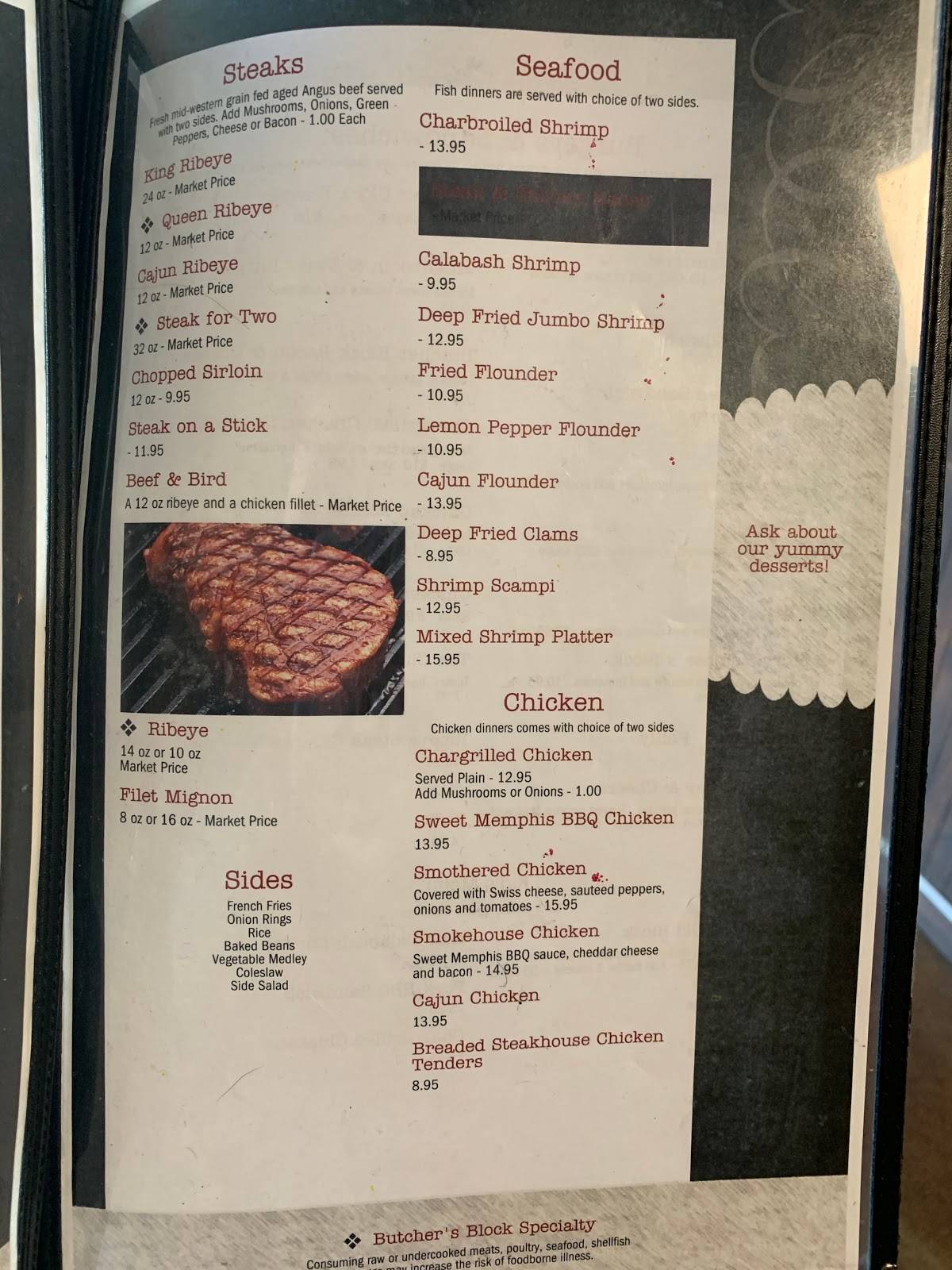 Menu at The Butcher's Block steakhouse, Greeneville