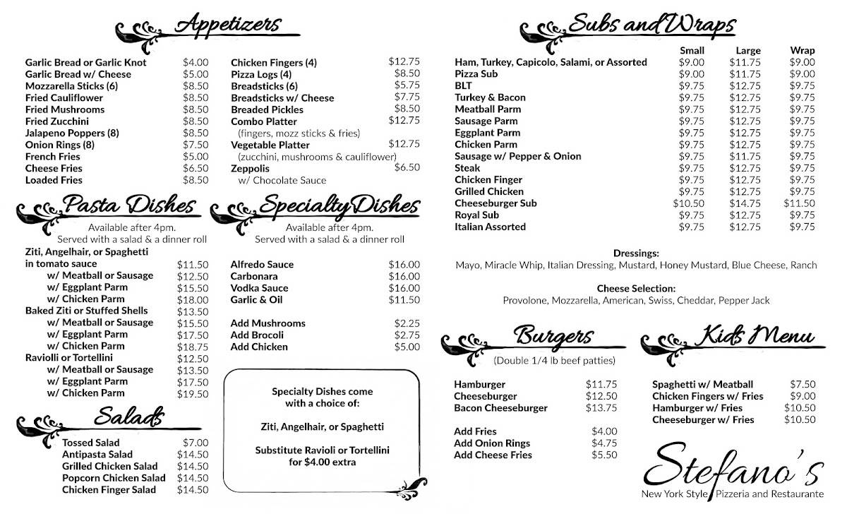 Menu at Stefano's Pizzeria (New York Style), Warsaw