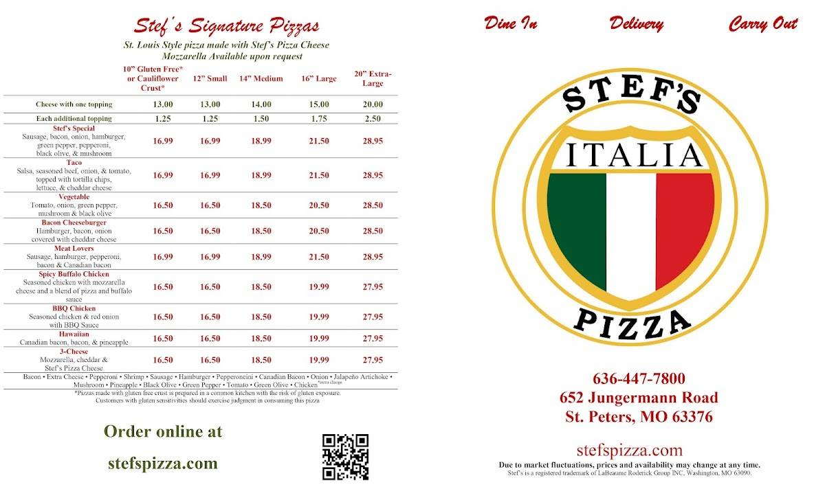 Menu at Stef's Pizza Jungermann restaurant, St. Peters
