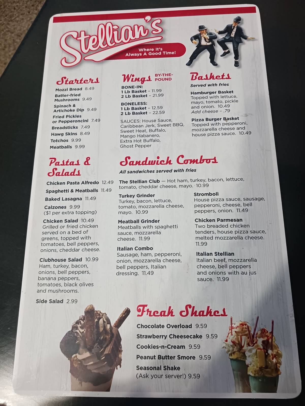 Menu at Stellian's restaurant, Central City