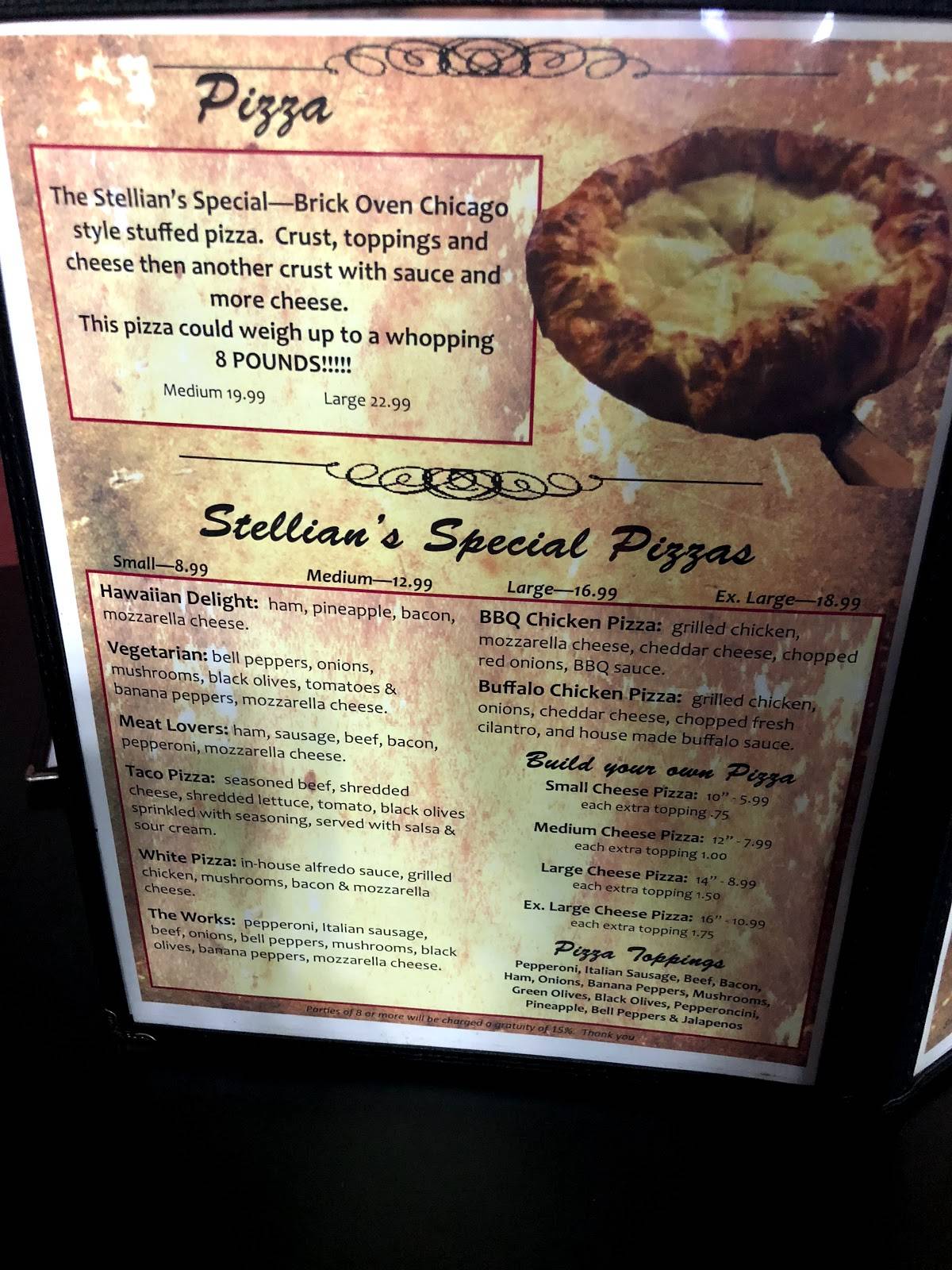 Menu at Stellian's restaurant, Central City