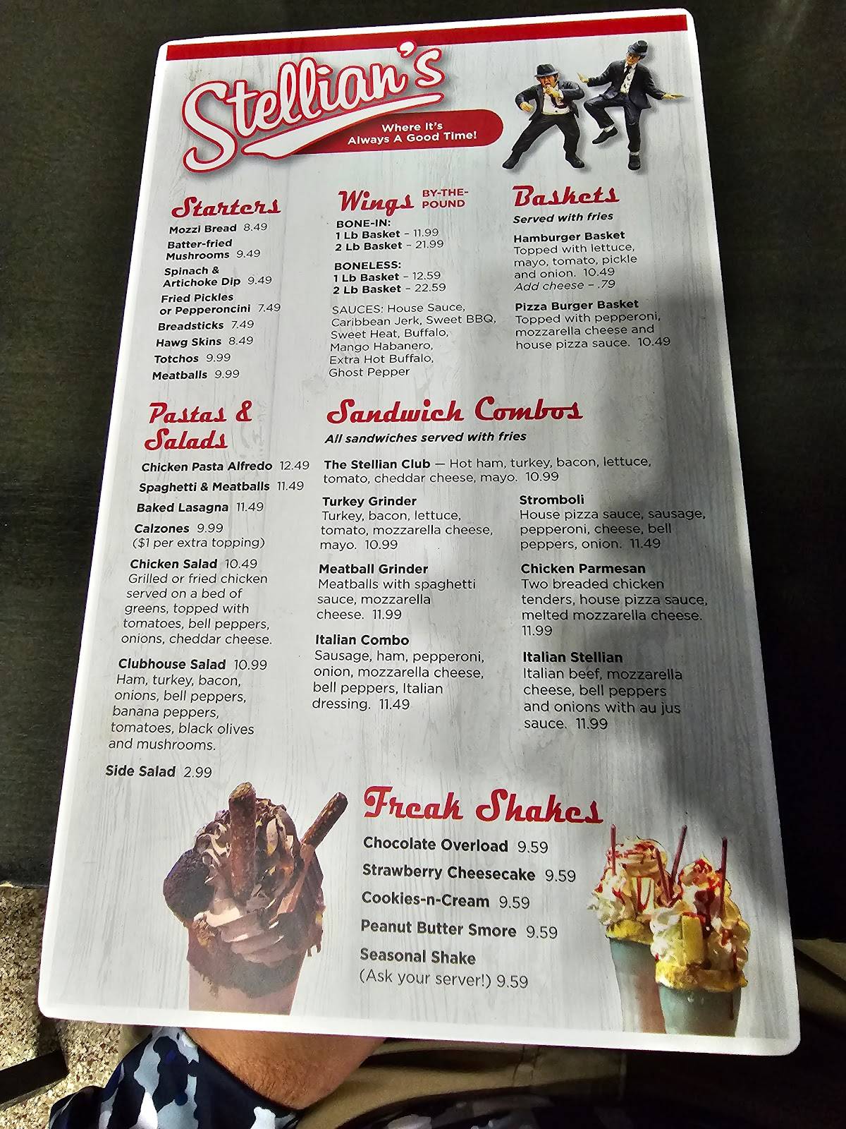 Menu at Stellian's restaurant, Central City