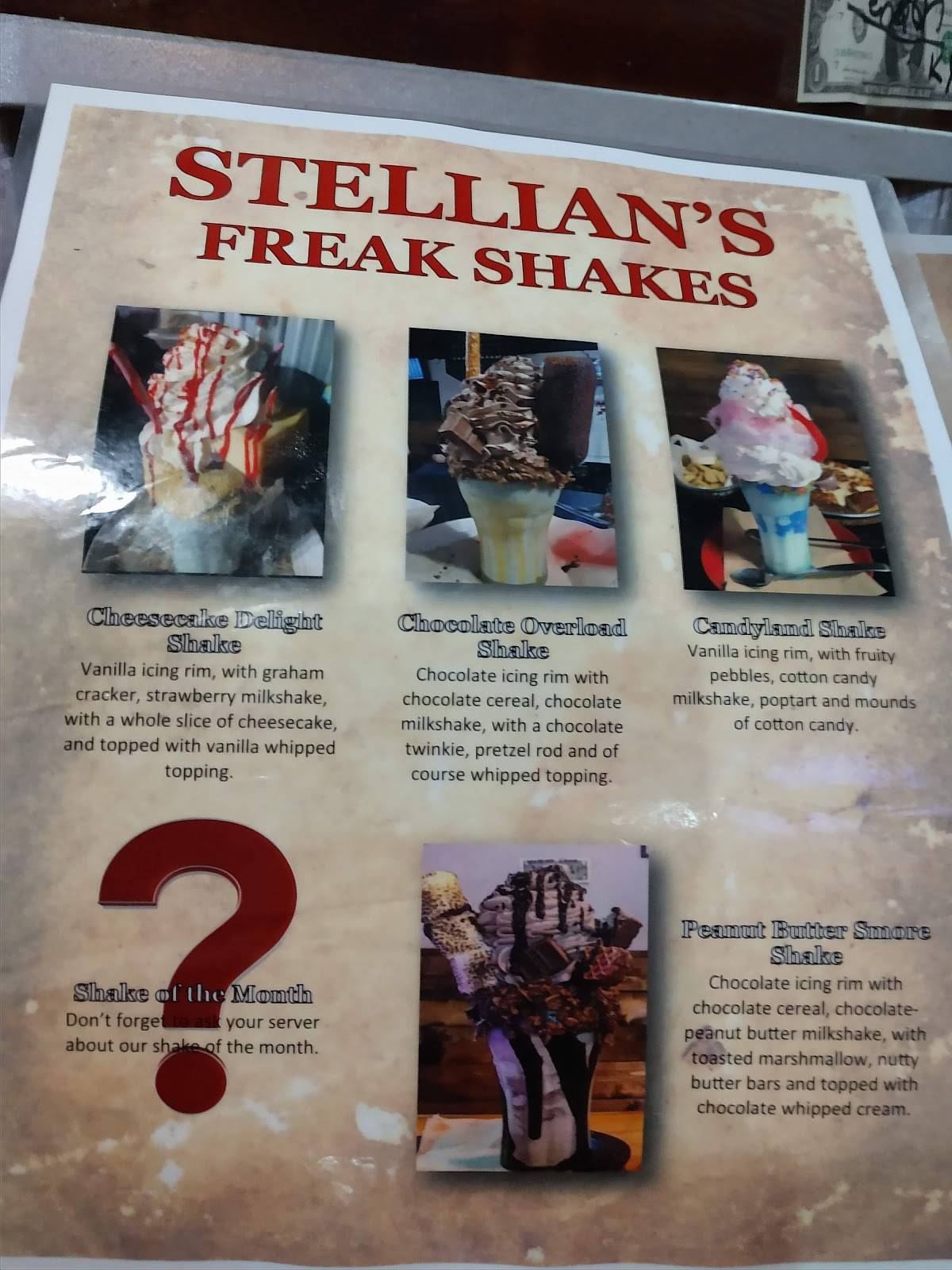 Menu at Stellian's restaurant, Central City
