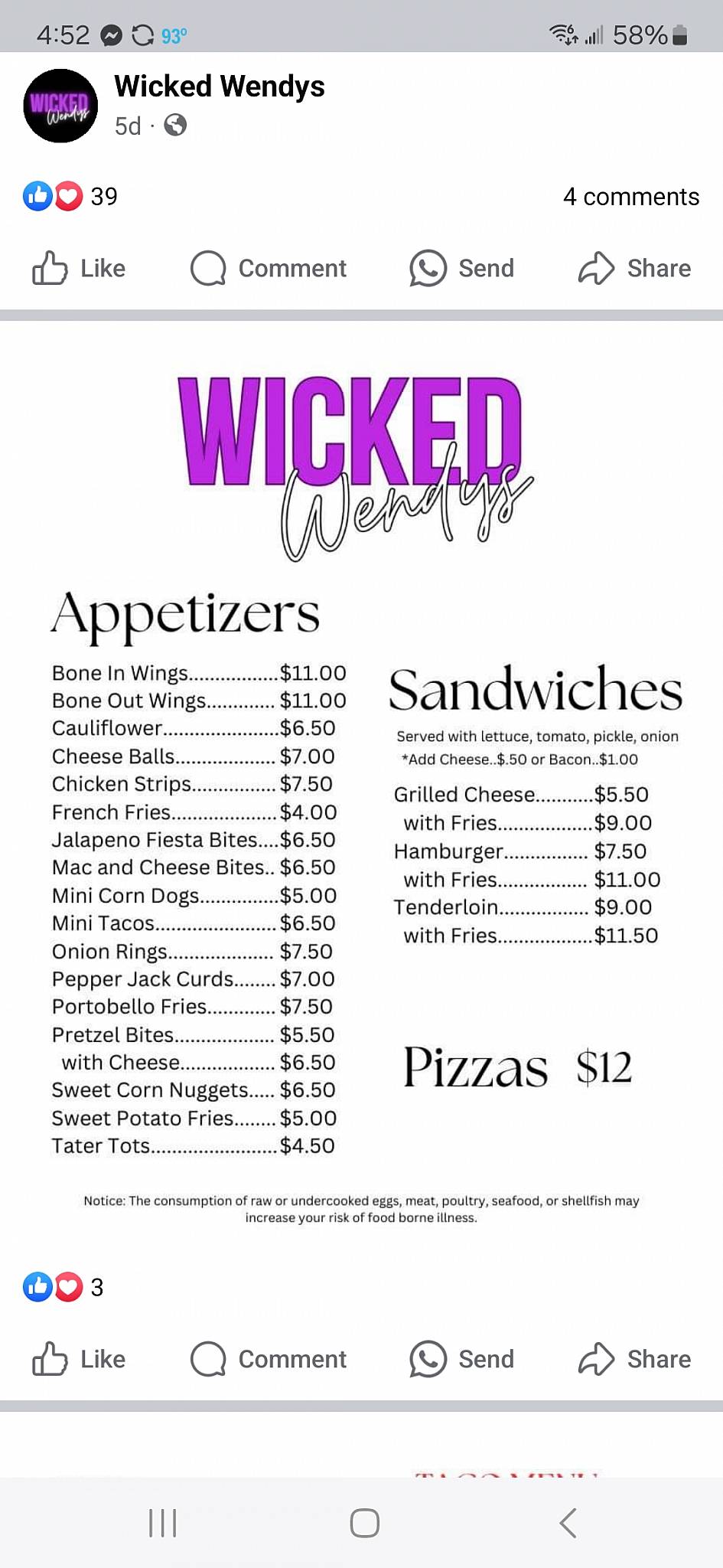 Menu at Stick's Bar, Clarinda