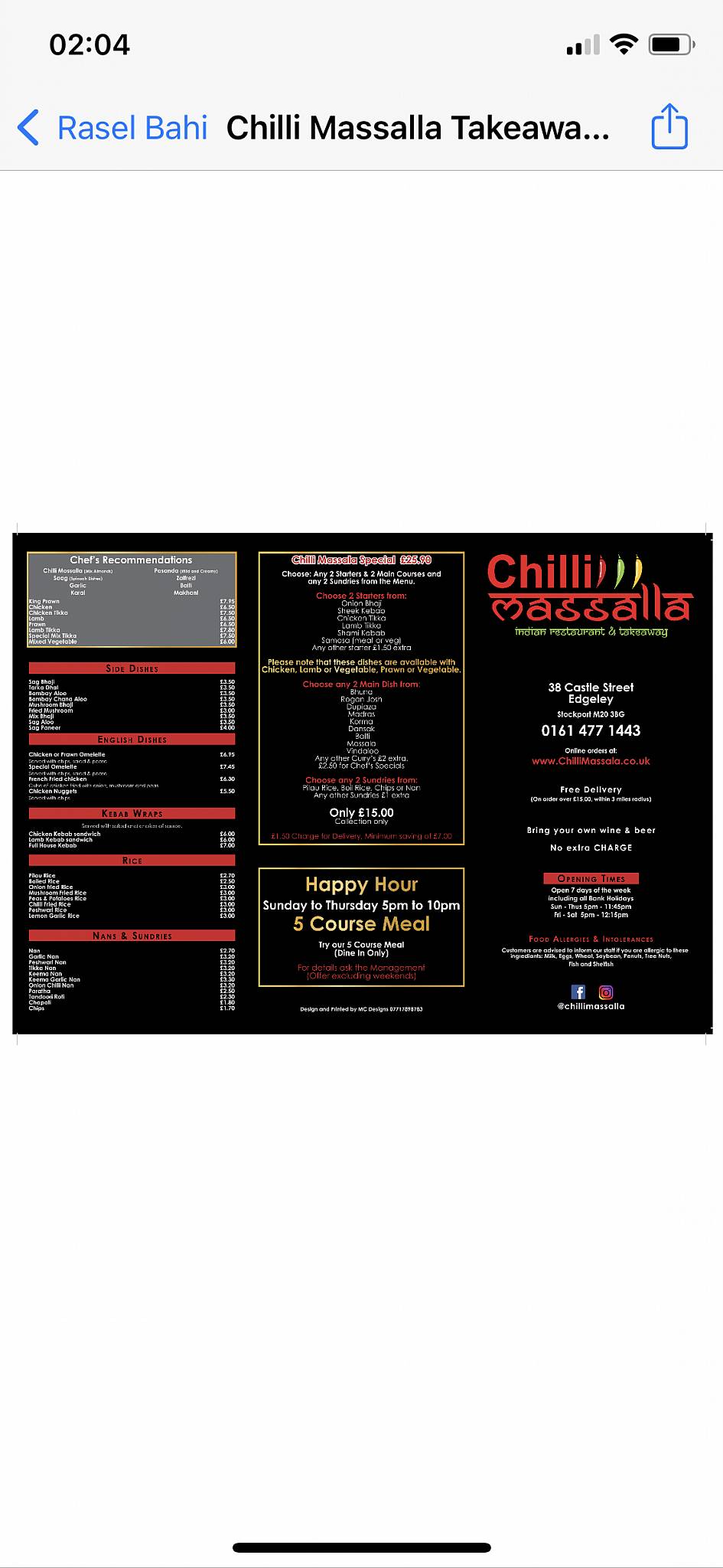 Menu at Chilli Massalla restaurant, Stockport