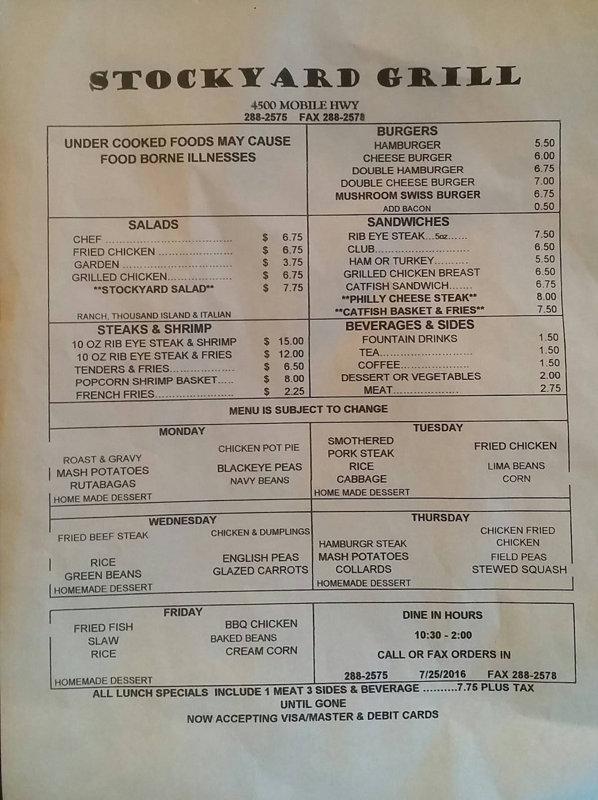 Menu at Stockyard Grill restaurant, Montgomery