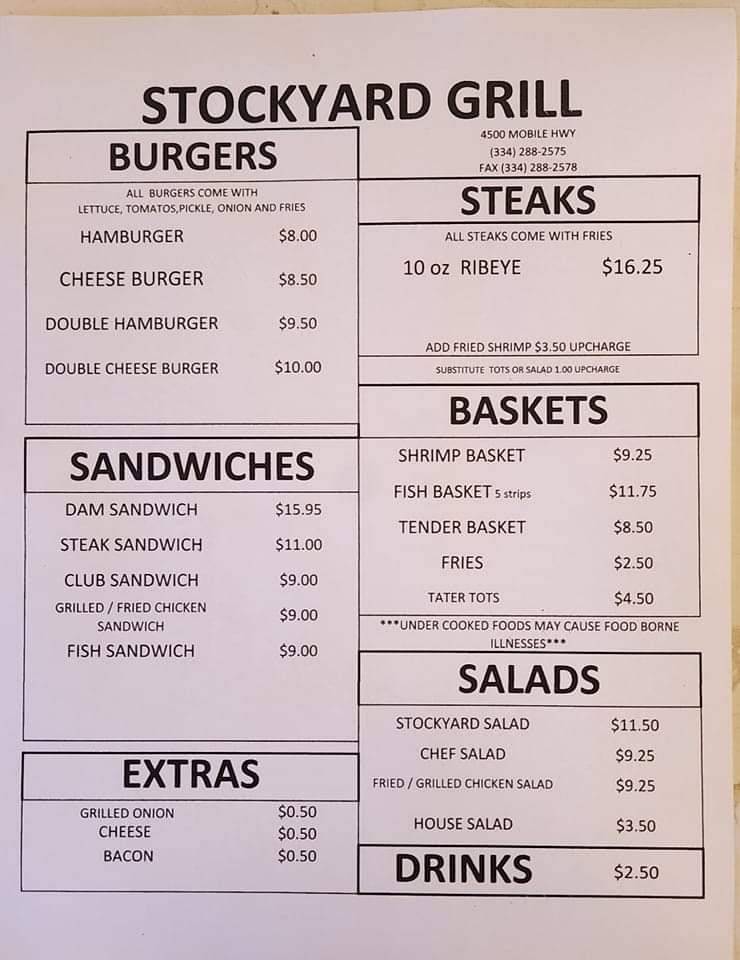 Menu at Stockyard Grill restaurant, Montgomery