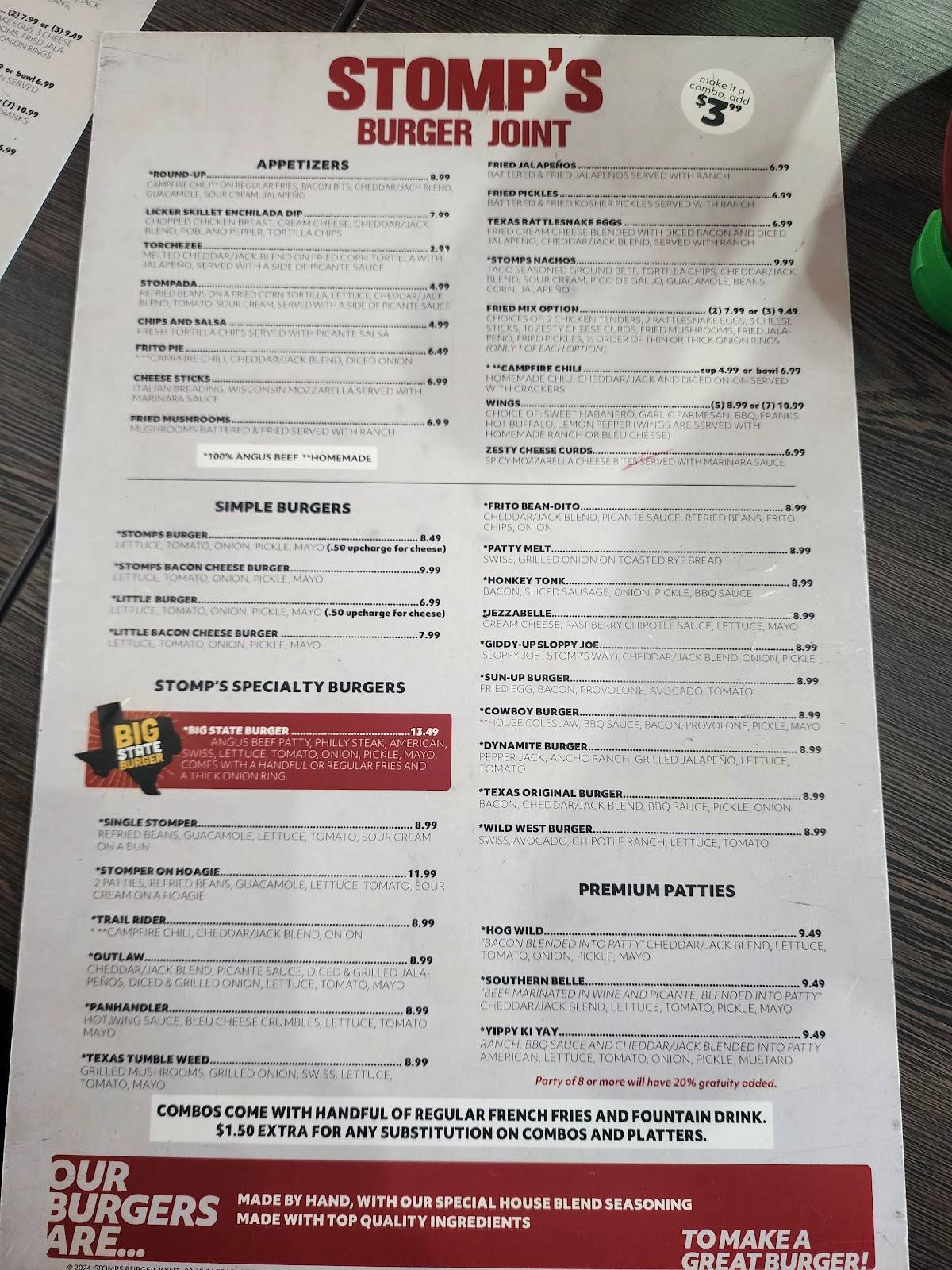 Menu at Stomp's Burger Joint restaurant, Pearland