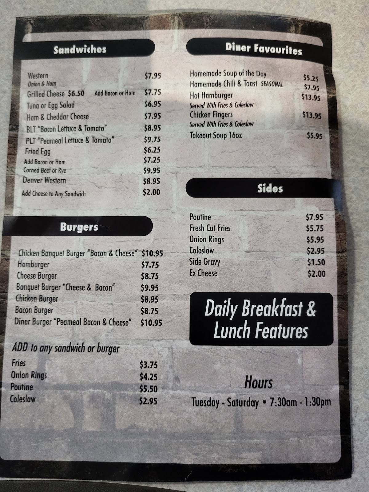 Menu at Stop 53 restaurant, Brantford