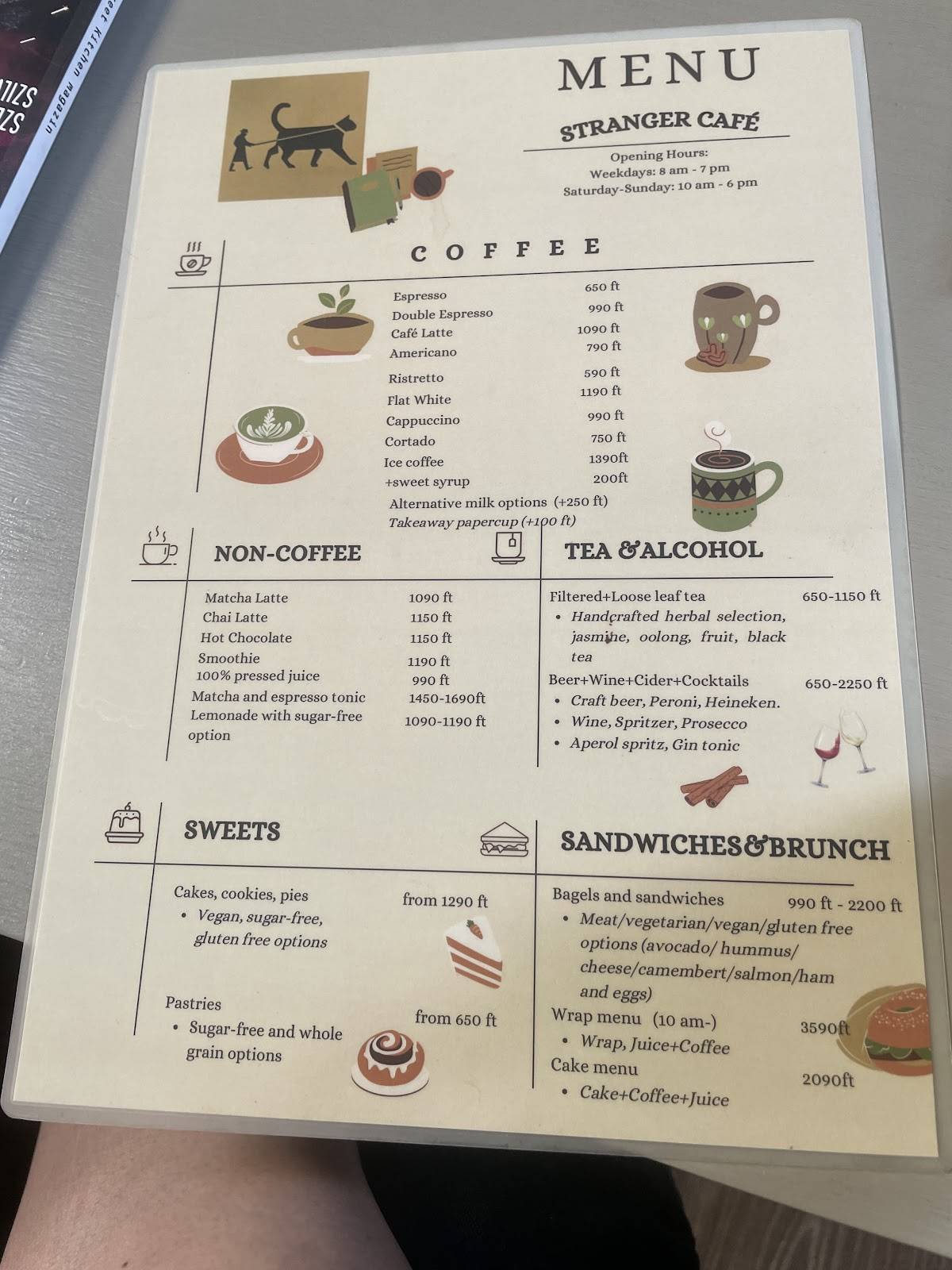 Menu at Stranger Café pub & bar, Budapest