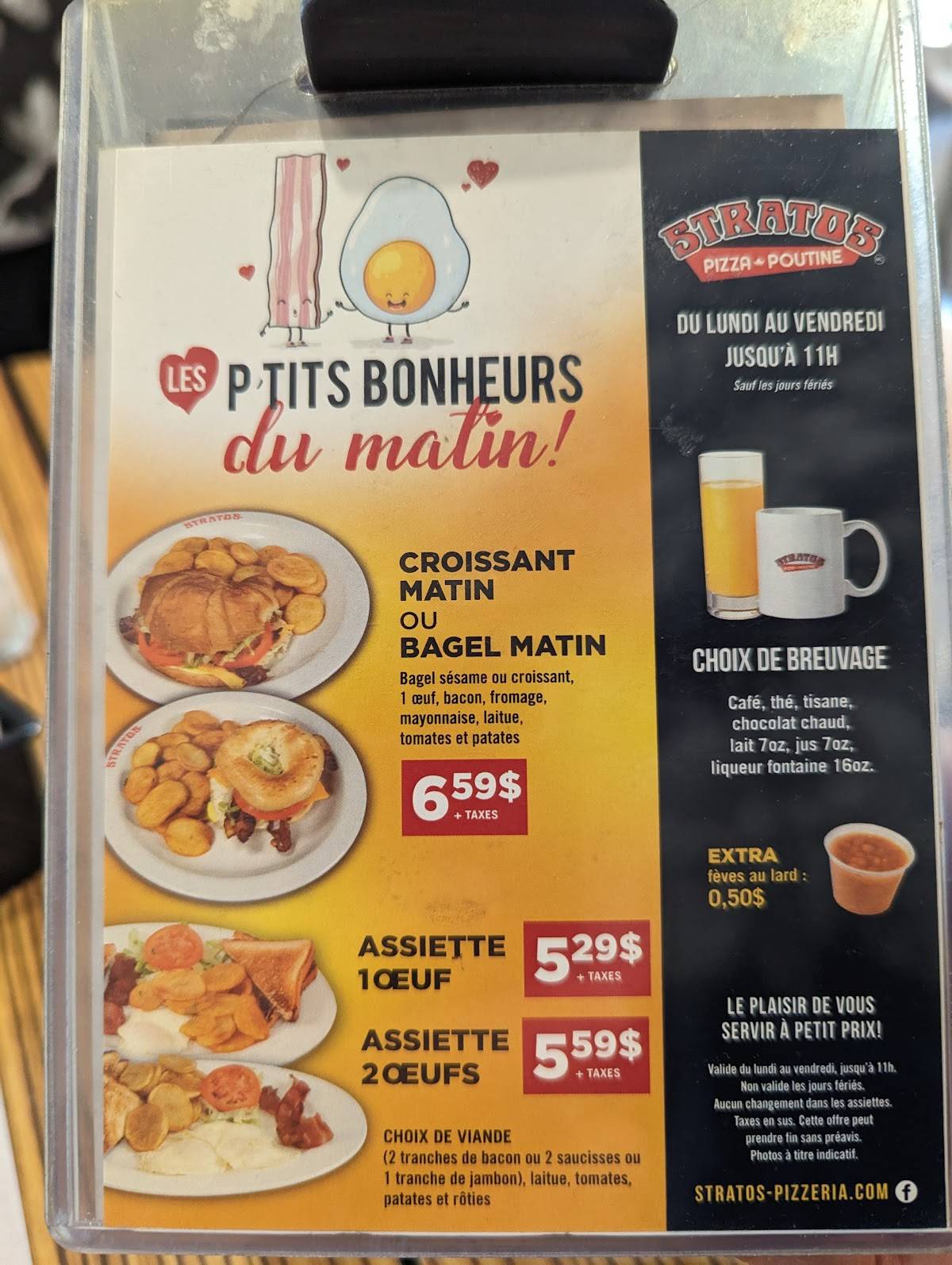 Menu au Stratos Pizzeria, Louiseville