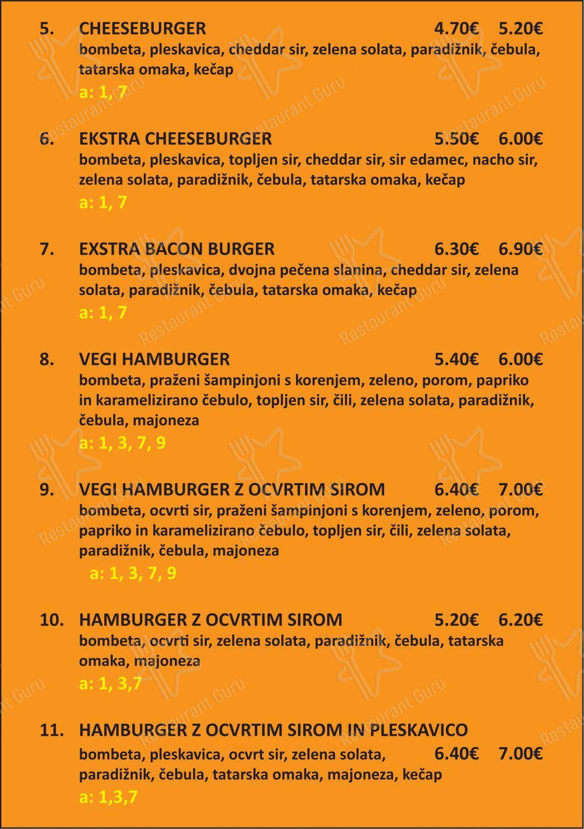 Menu au Street Food Top Stop restaurant, Kranj