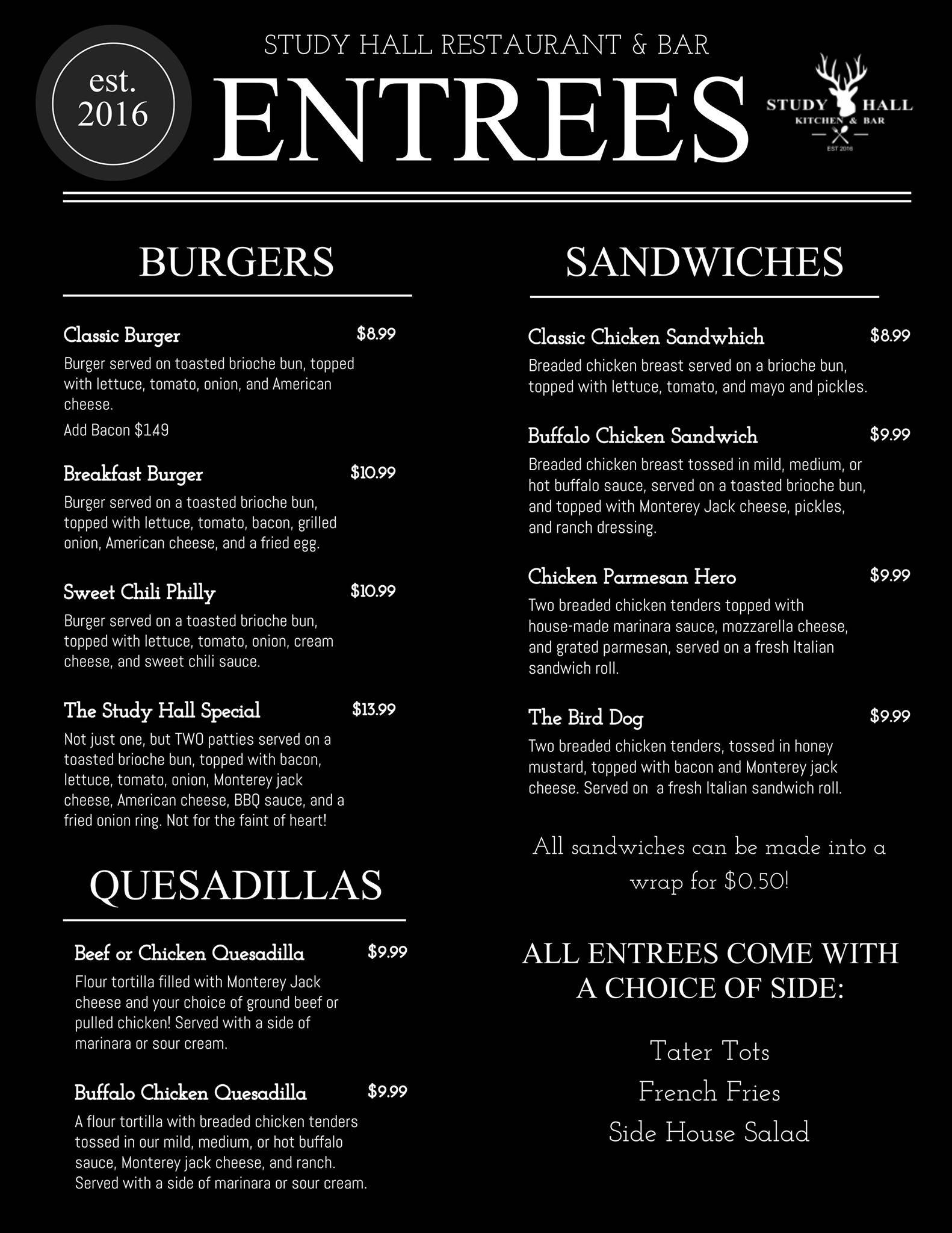Menu at Study Hall, Restaurant And Bar, Clemson