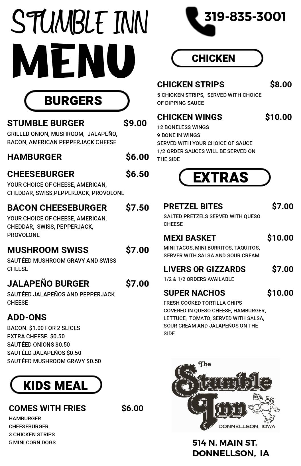 Menu at Stumble Inn pub & bar, Donnellson