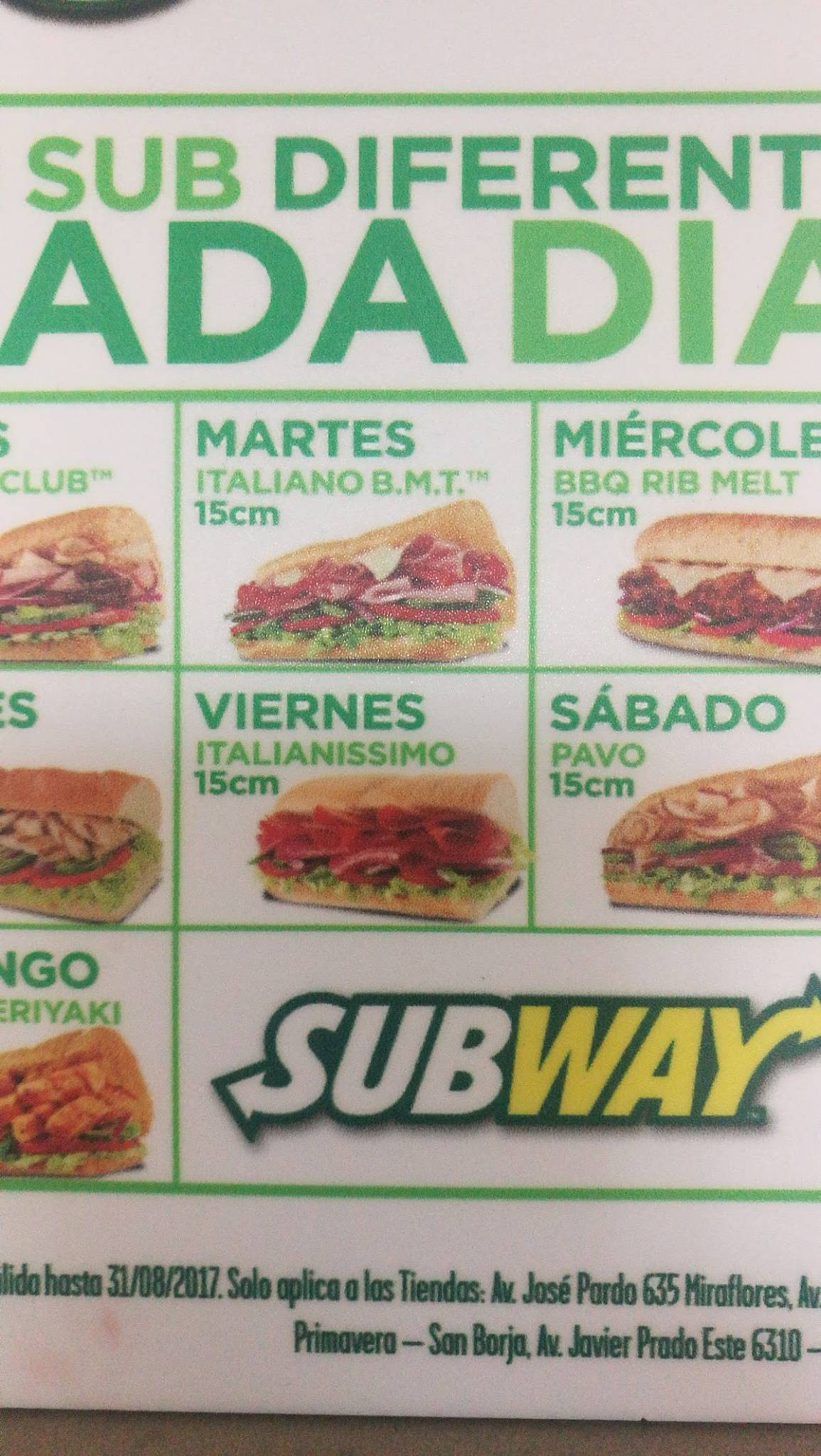 Carta del restaurante Subway, La Molina, Av. Javier Prado Este 6310