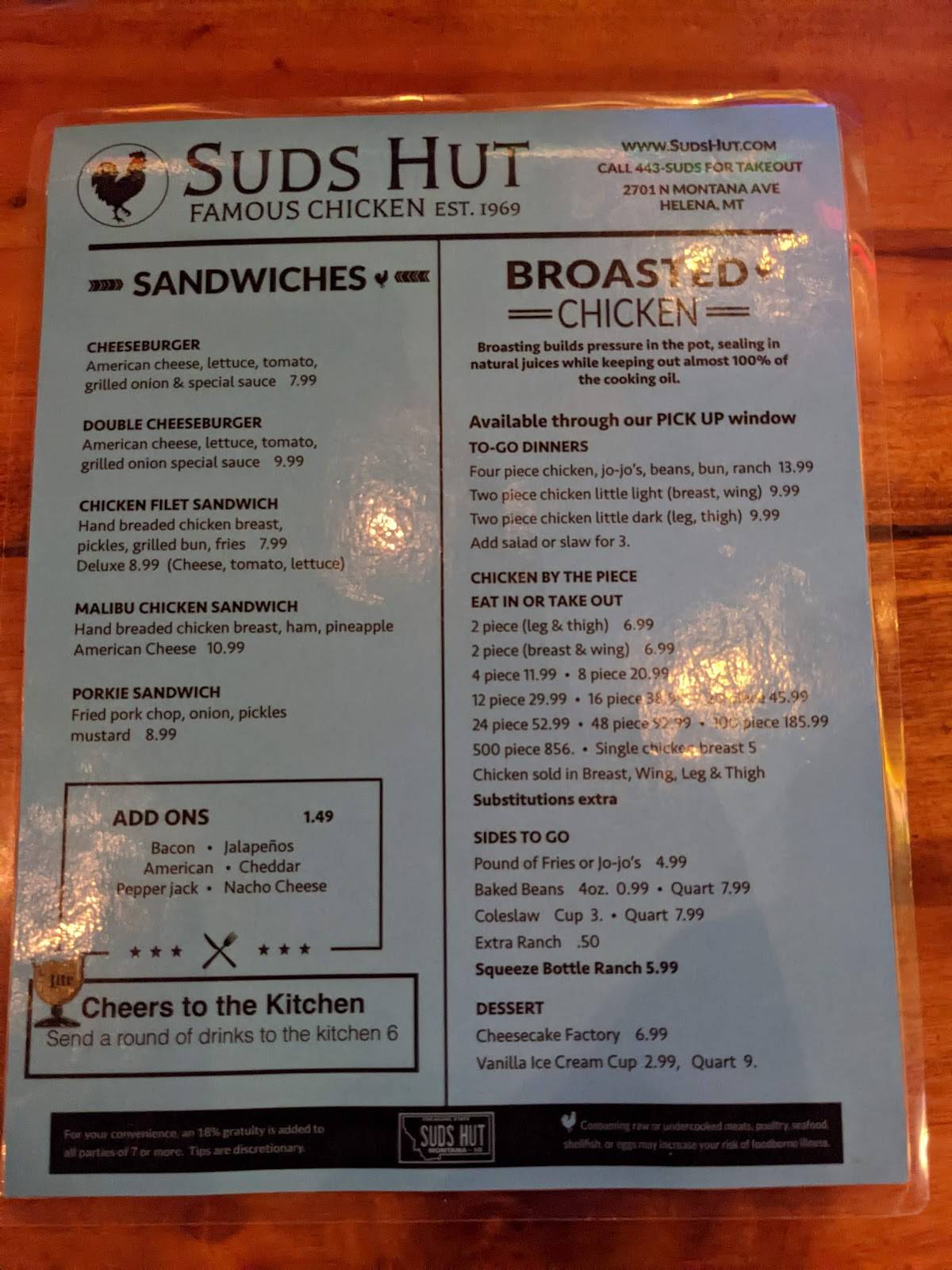Menu at Suds Hut pub & bar, Helena
