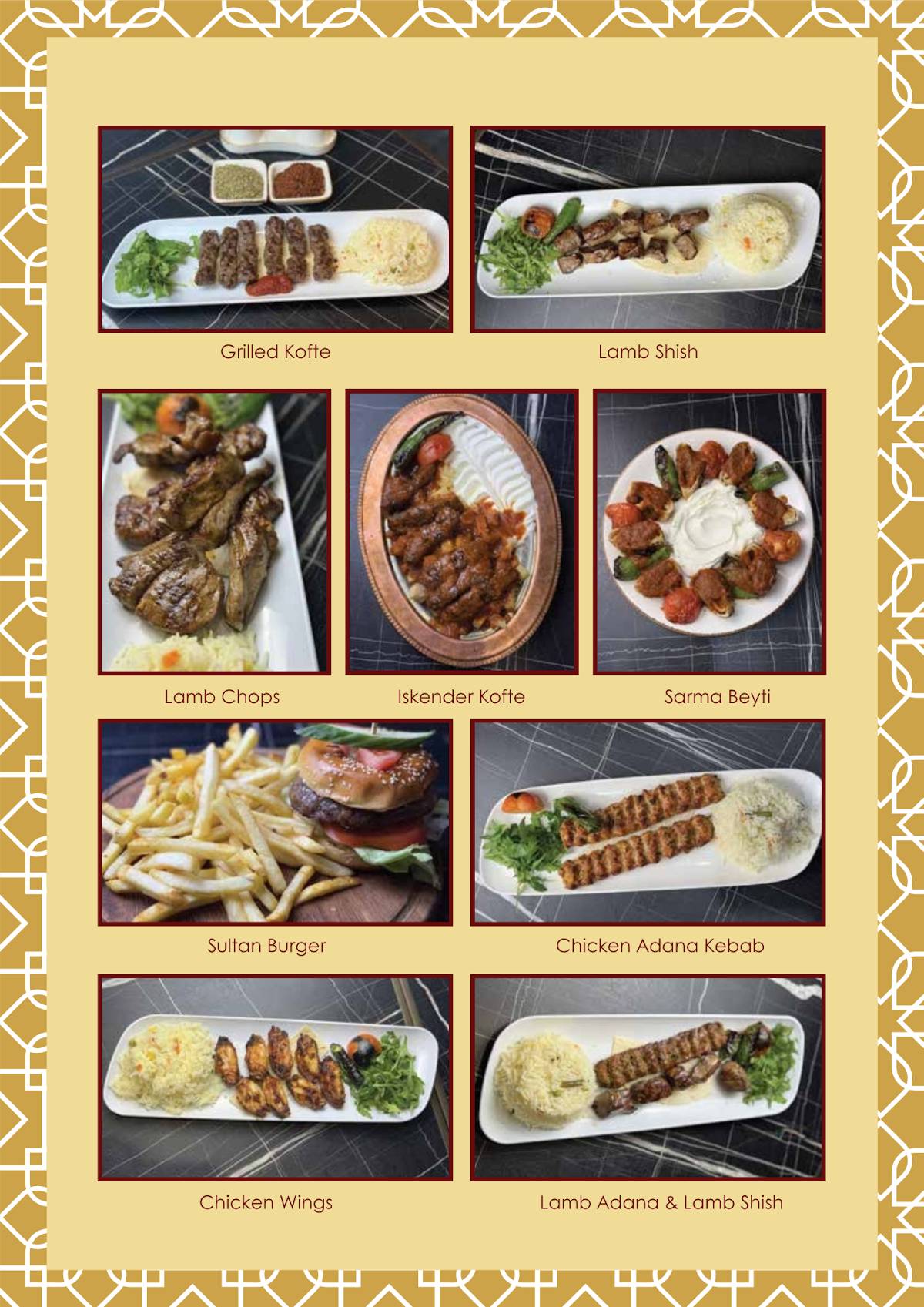 Menu at Sultanahmet Grill restaurant, Manchester