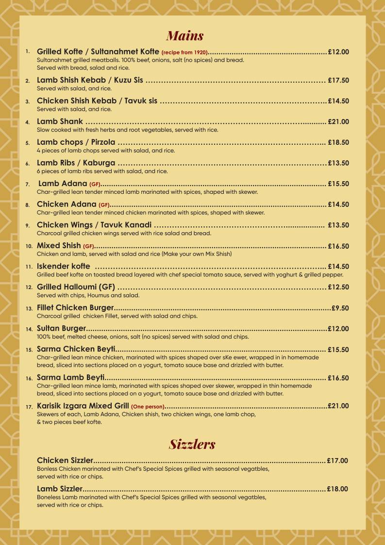 Menu at Sultanahmet Grill restaurant, Manchester