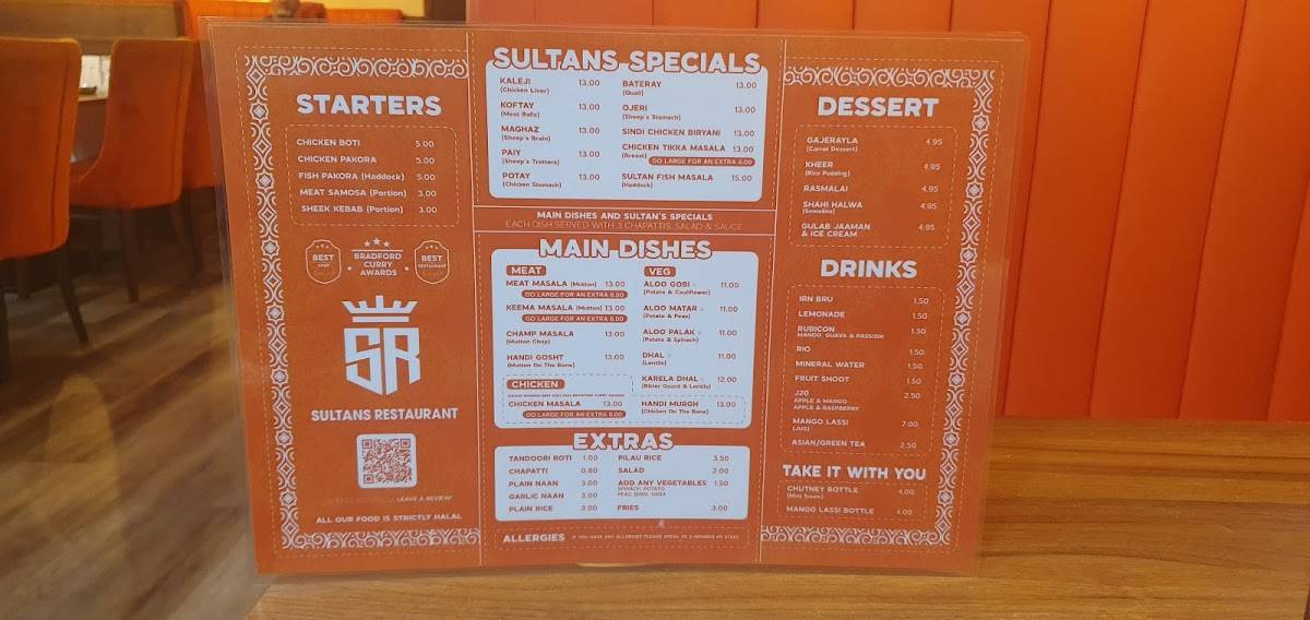 Menu at Sultans Restaurant, Bradford