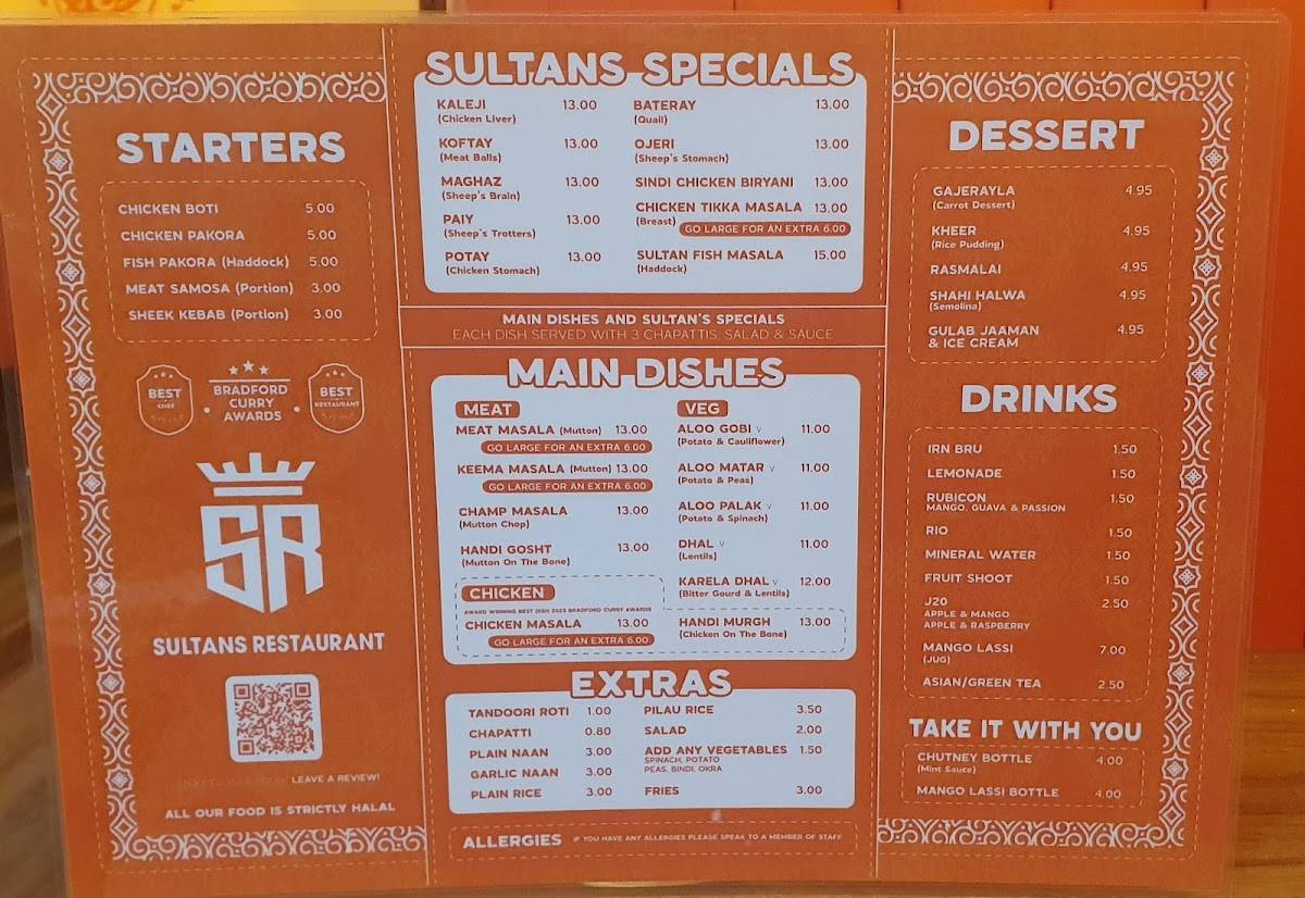 Menu at Sultans Restaurant, Bradford