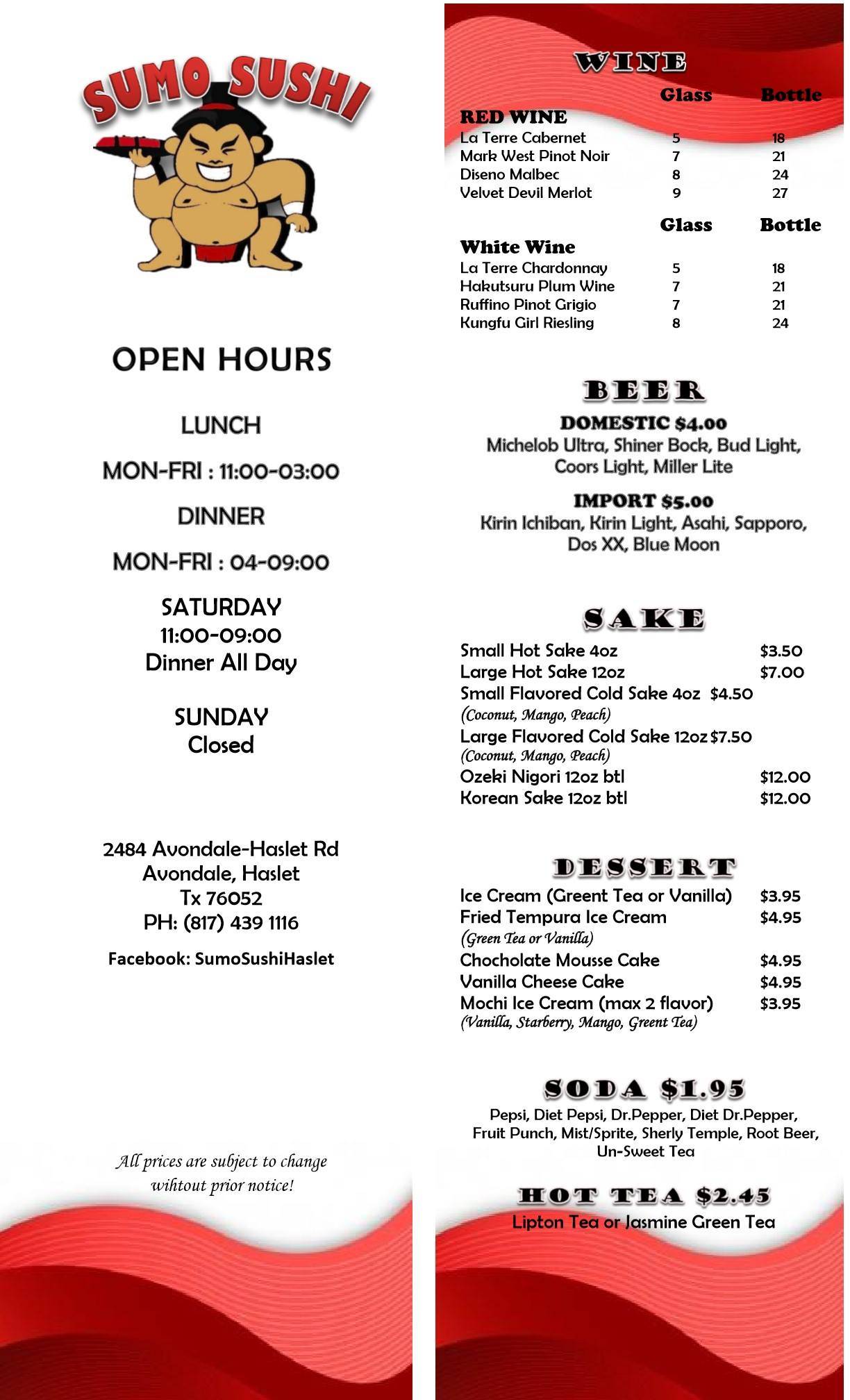 Menu at Sumo Sushi restaurant, Fort Worth
