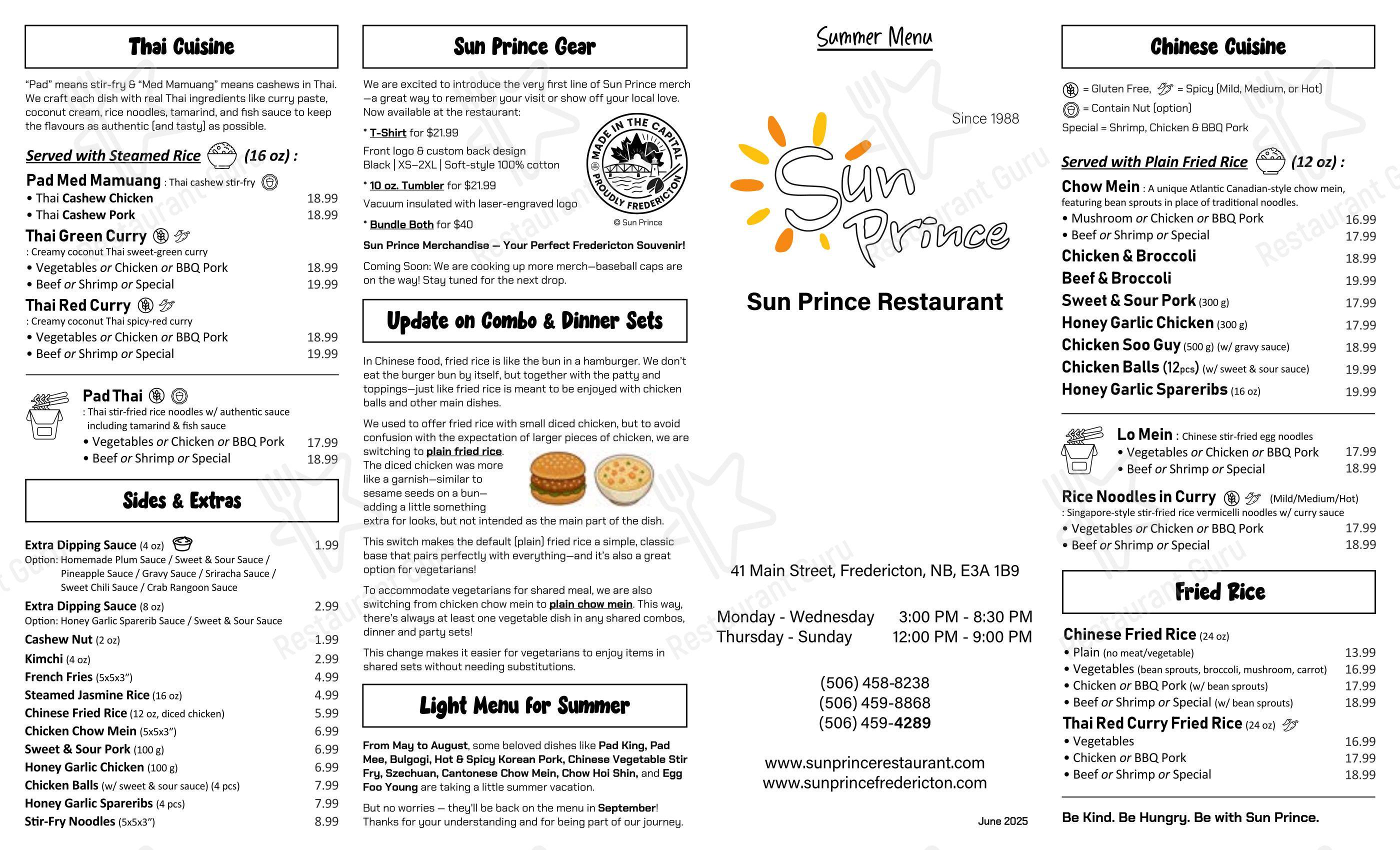 Menu at Sun Prince Restaurant, Fredericton