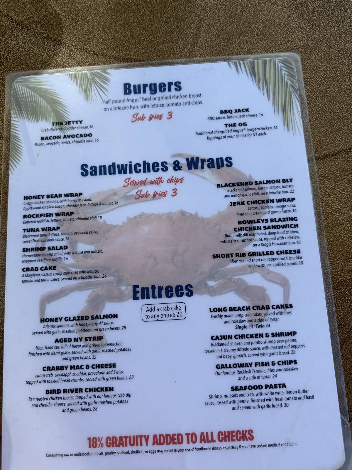 Menu at Sunset Cove pub & bar, Bowleys Quarters