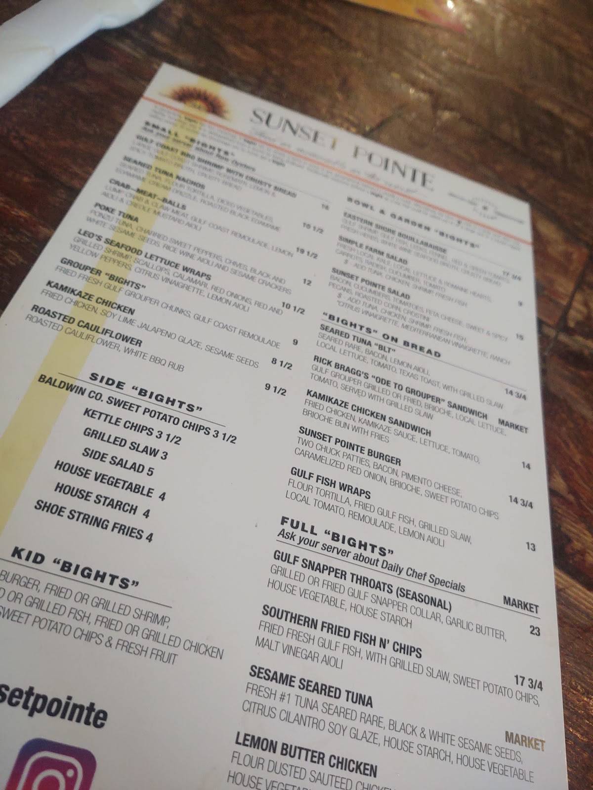 Menu at Sunset Pointe at Fly Creek Marina pub & bar, Fairhope