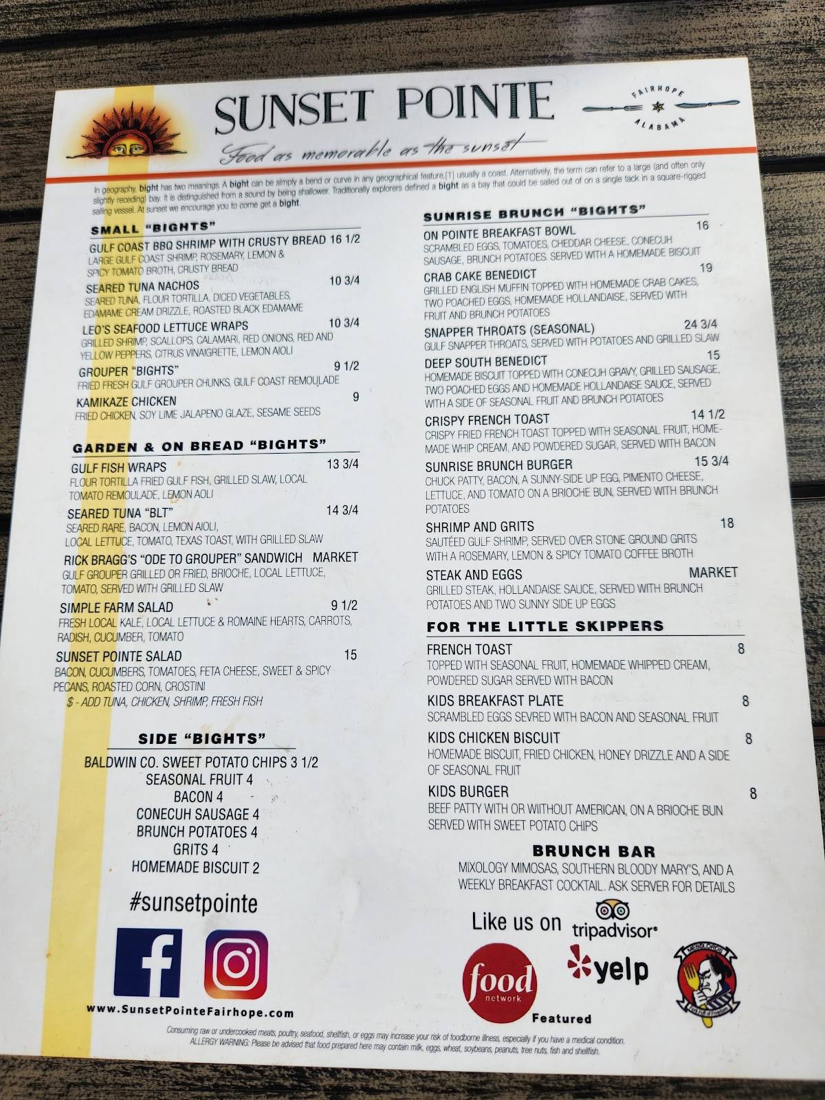 Menu at Sunset Pointe at Fly Creek Marina pub & bar, Fairhope