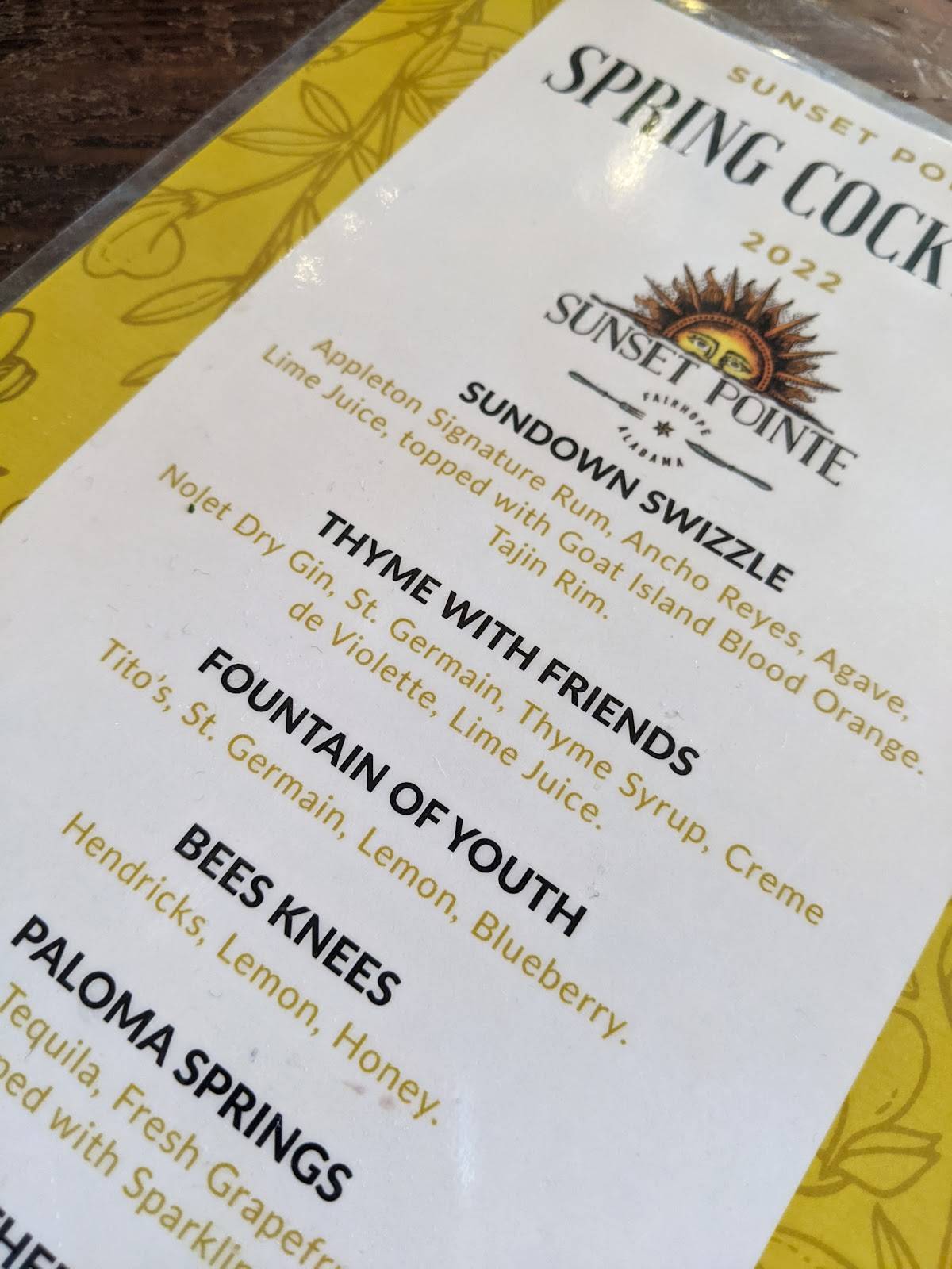 Menu at Sunset Pointe at Fly Creek Marina pub & bar, Fairhope