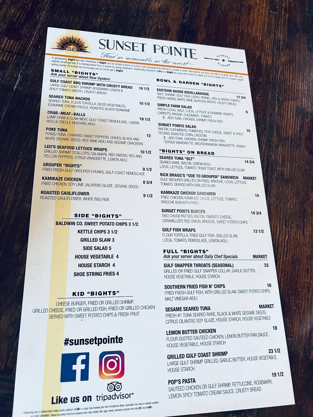 Menu at Sunset Pointe at Fly Creek Marina pub & bar, Fairhope