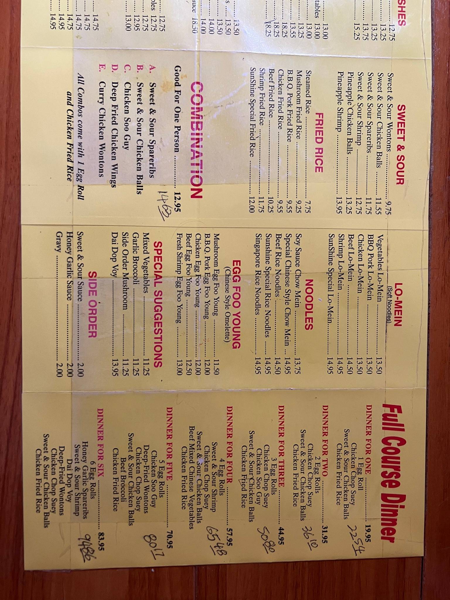 Menu at Sunshine Chinese Family Restaurant, Bluewater