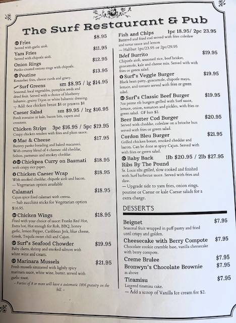Menu at Surf Lodge and Pub, Gabriola