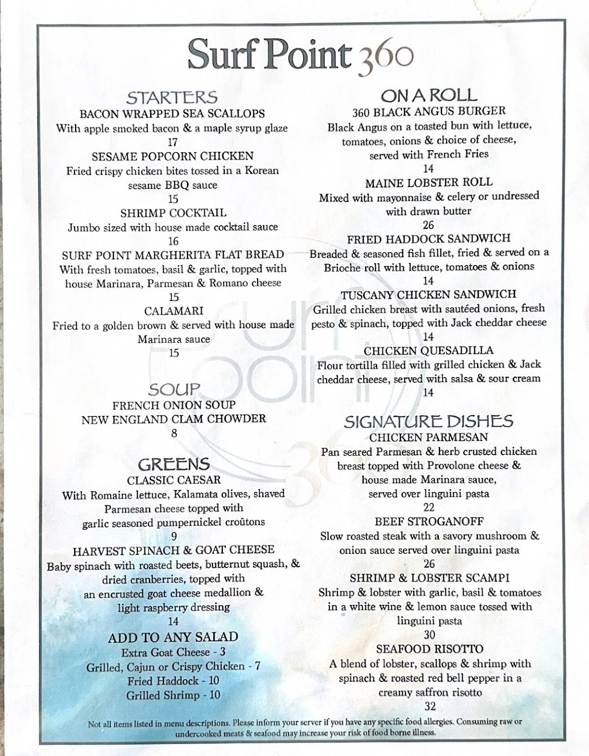 Menu at Surf Point 360 pub & bar, Ogunquit, 125 Shore Rd