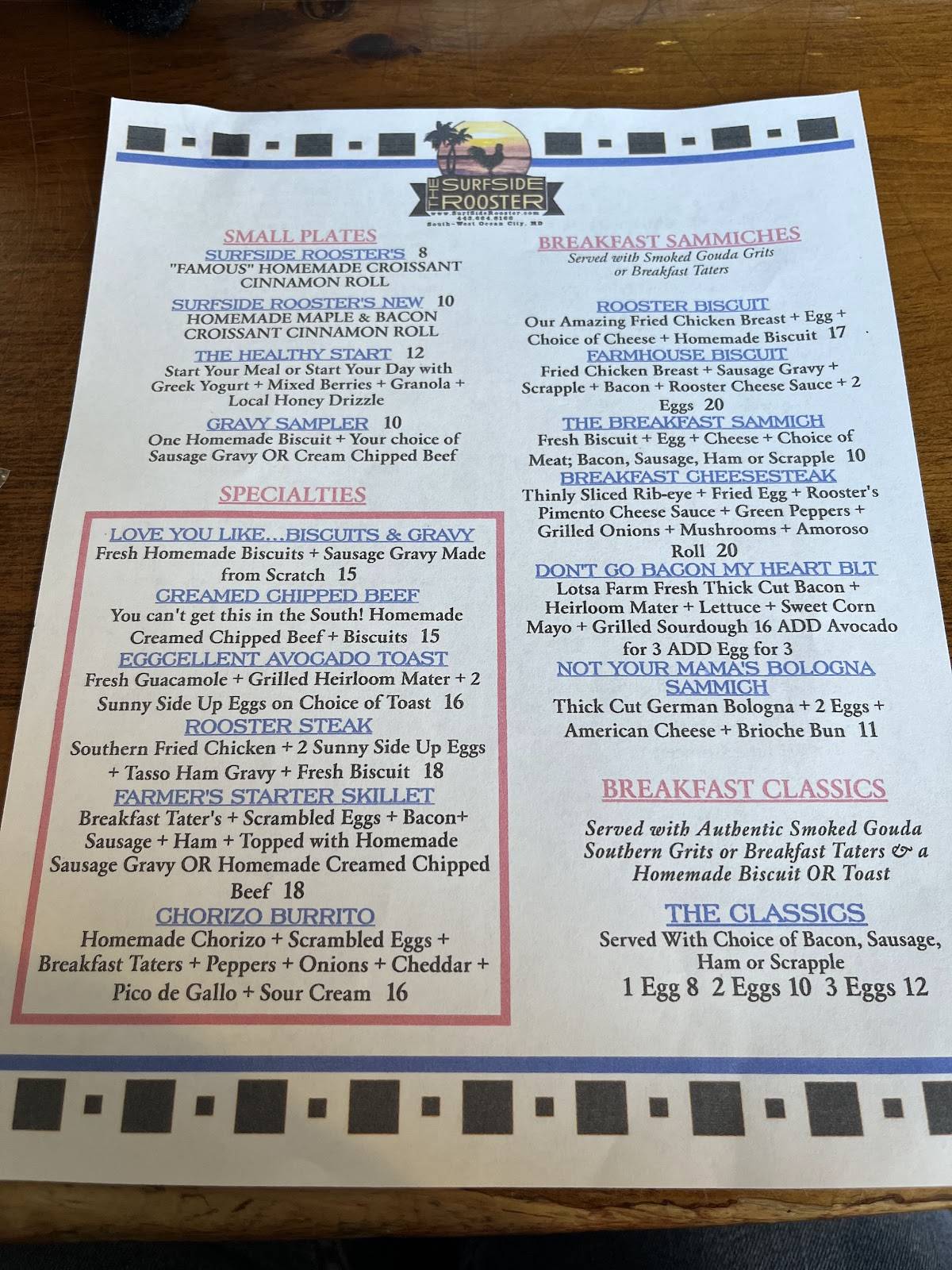 Menu at Surfside Rooster restaurant, Ocean City