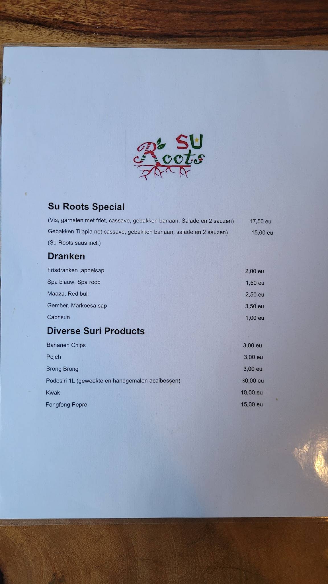 Menu at Surinaamse Take Away Su Roots, Antwerp