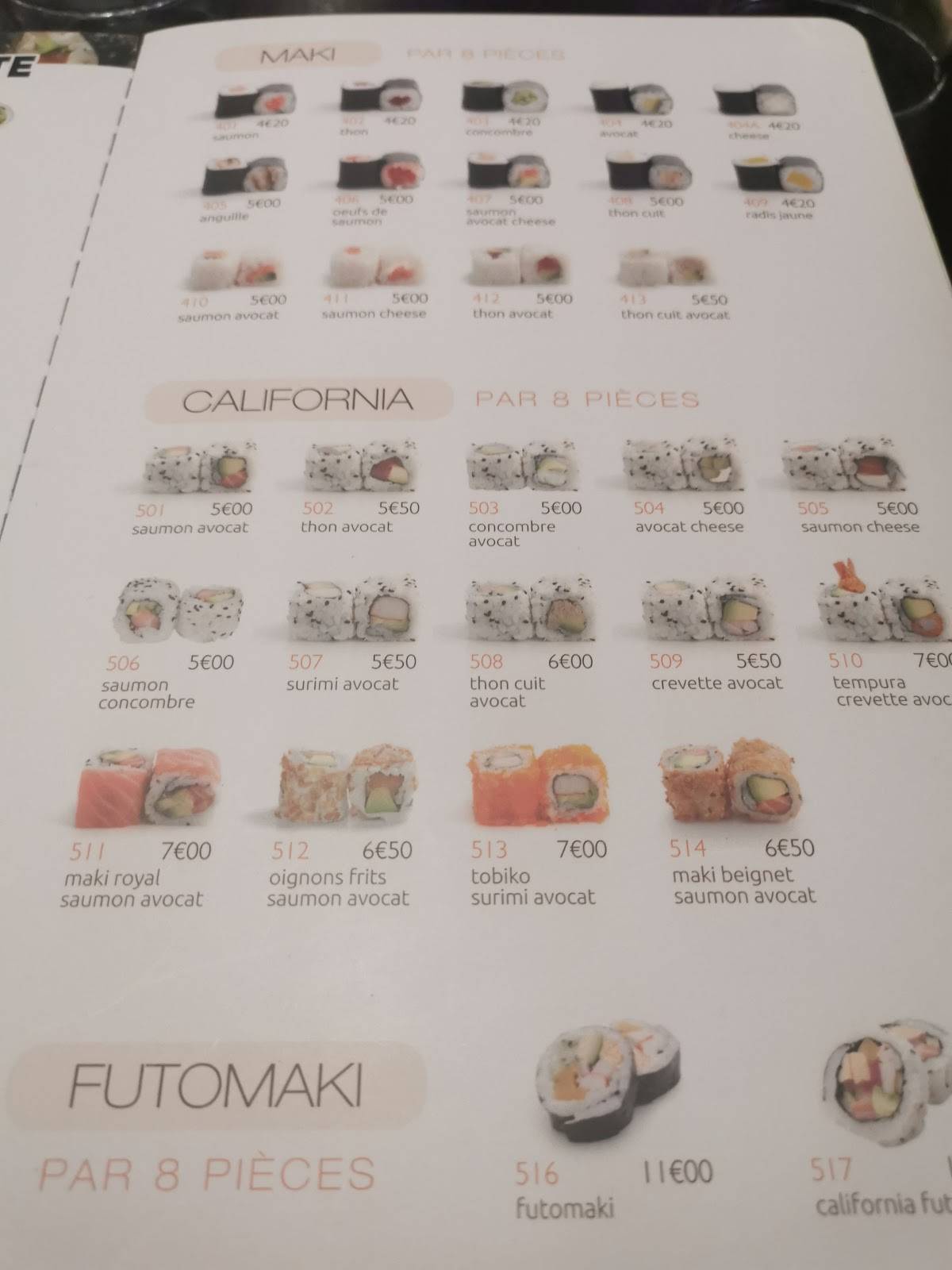 Menu at Sushi Bassano restaurant, Paris