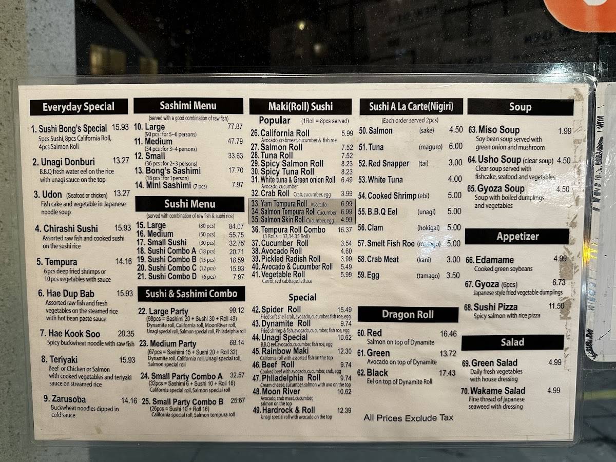 Menu au Sushi Bong restaurant, Toronto, 5 Northtown Way