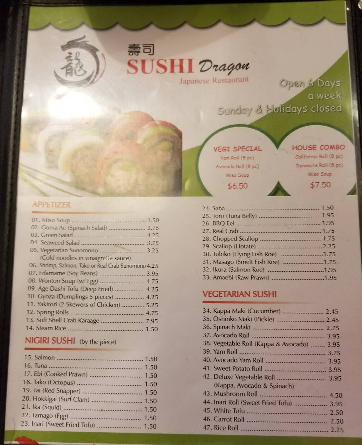 Menu at Sushi Dragon restaurant, Vancouver