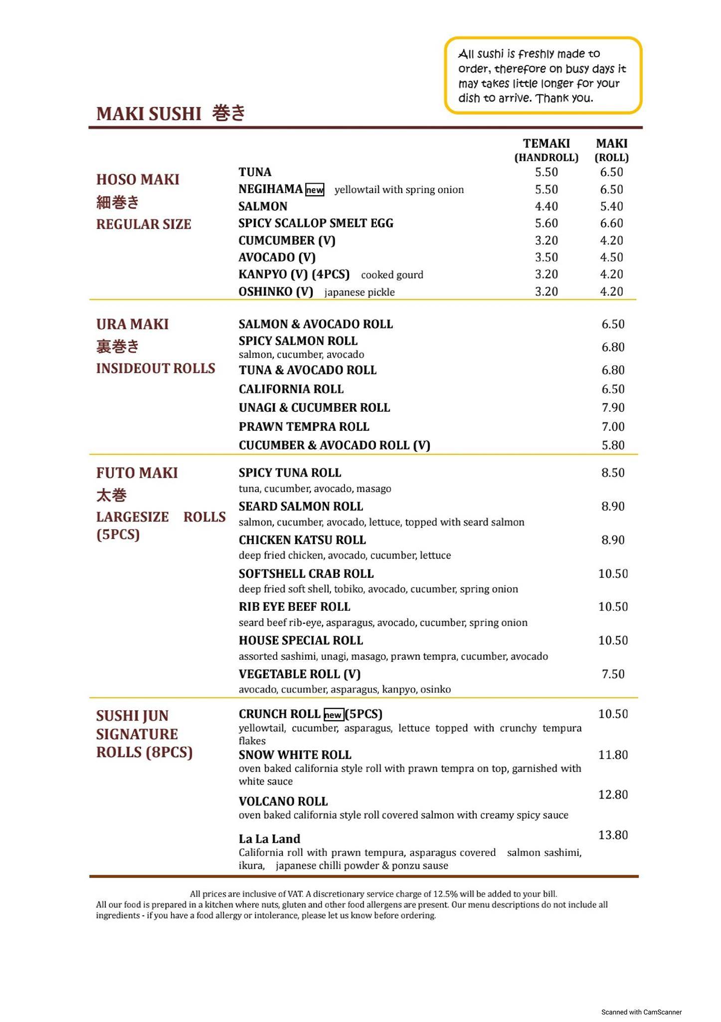 Menu at Sushi Jun restaurant, Farnham