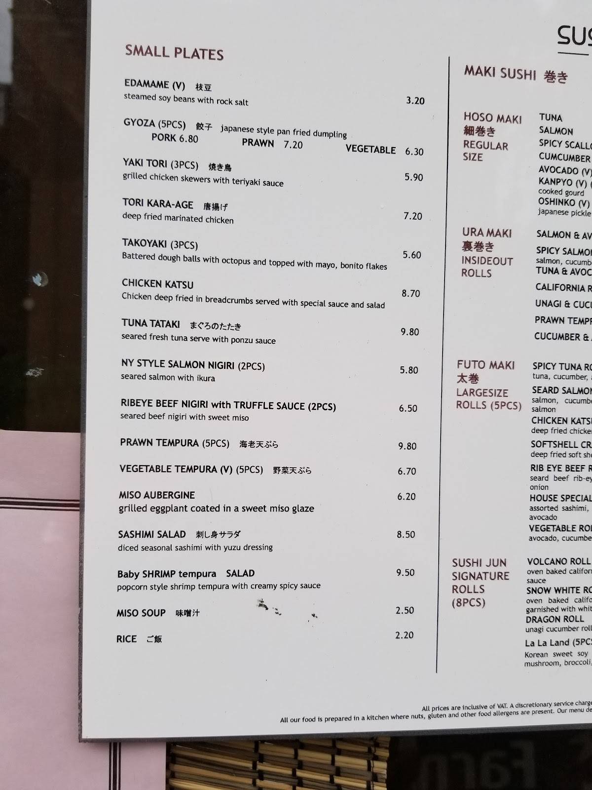 Menu at Sushi Jun restaurant, Farnham